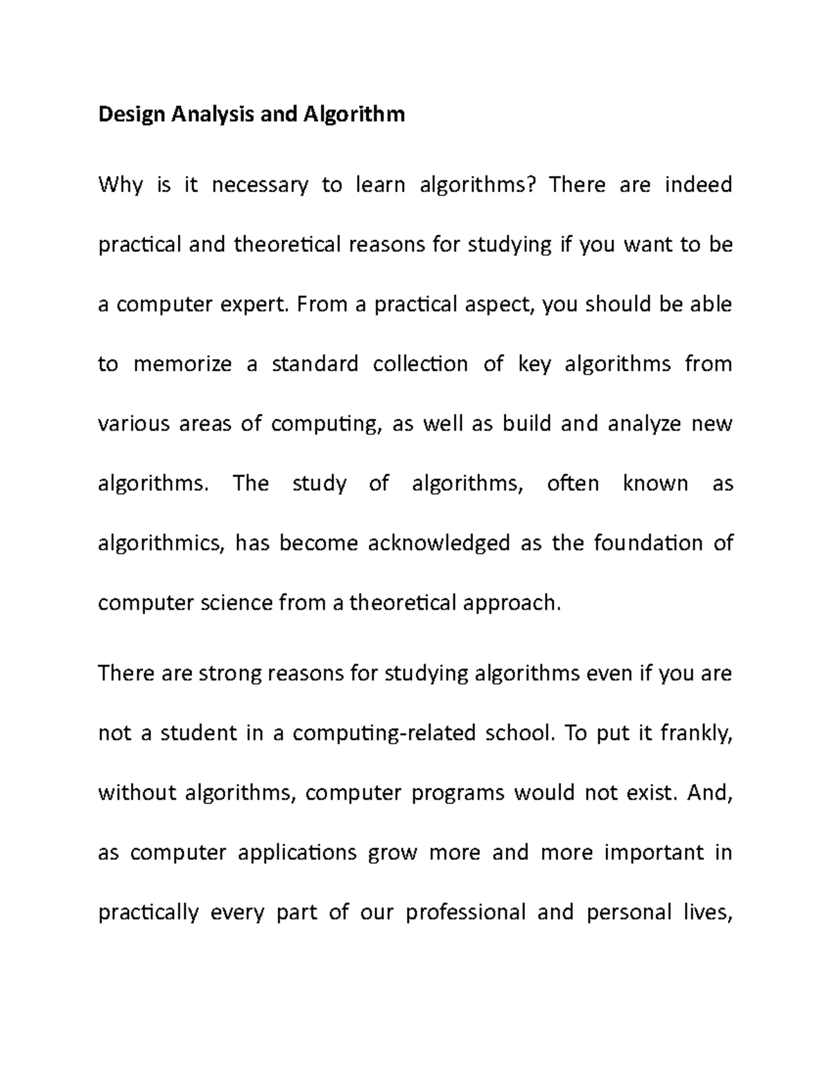 Design Analysis and Algorithm - From a practical aspect, you should be ...