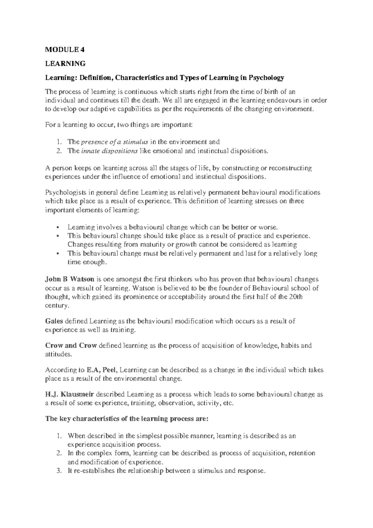 Module 4 - COGNITIVE PSYCHOLOGY (MA Cl. P) - MODULE 4 LEARNING Learning ...