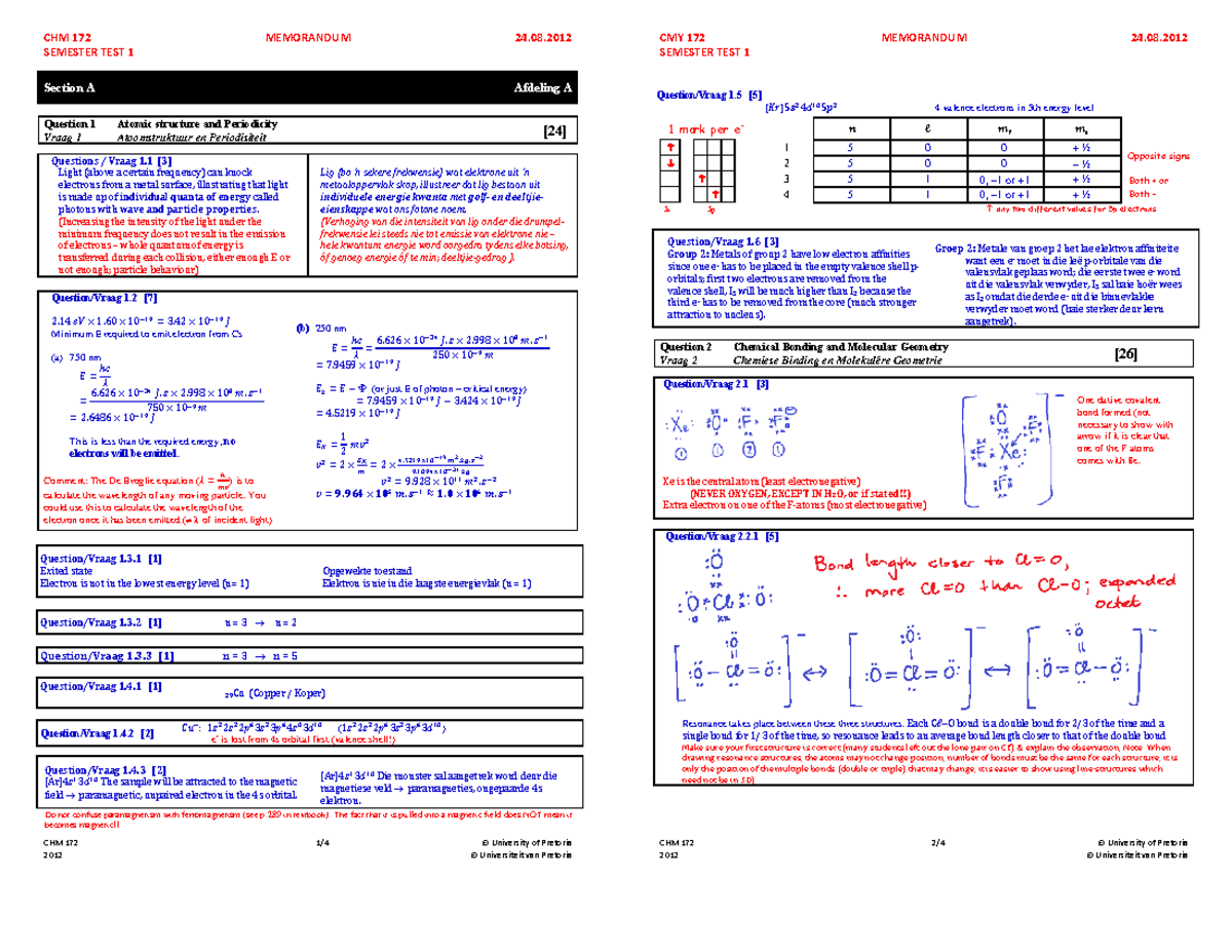 Chm 172 2012 semtest 1 memo - CHM 172 MEMORANDUM 24. SEMESTER TEST 1 ...
