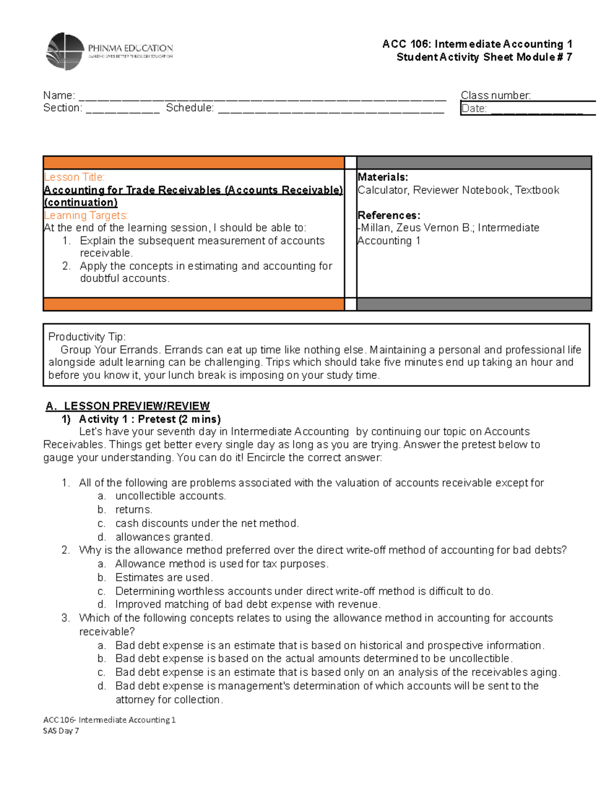 ACC-106 SAS 7 - accounting receivables - Student Activity Sheet Module ...