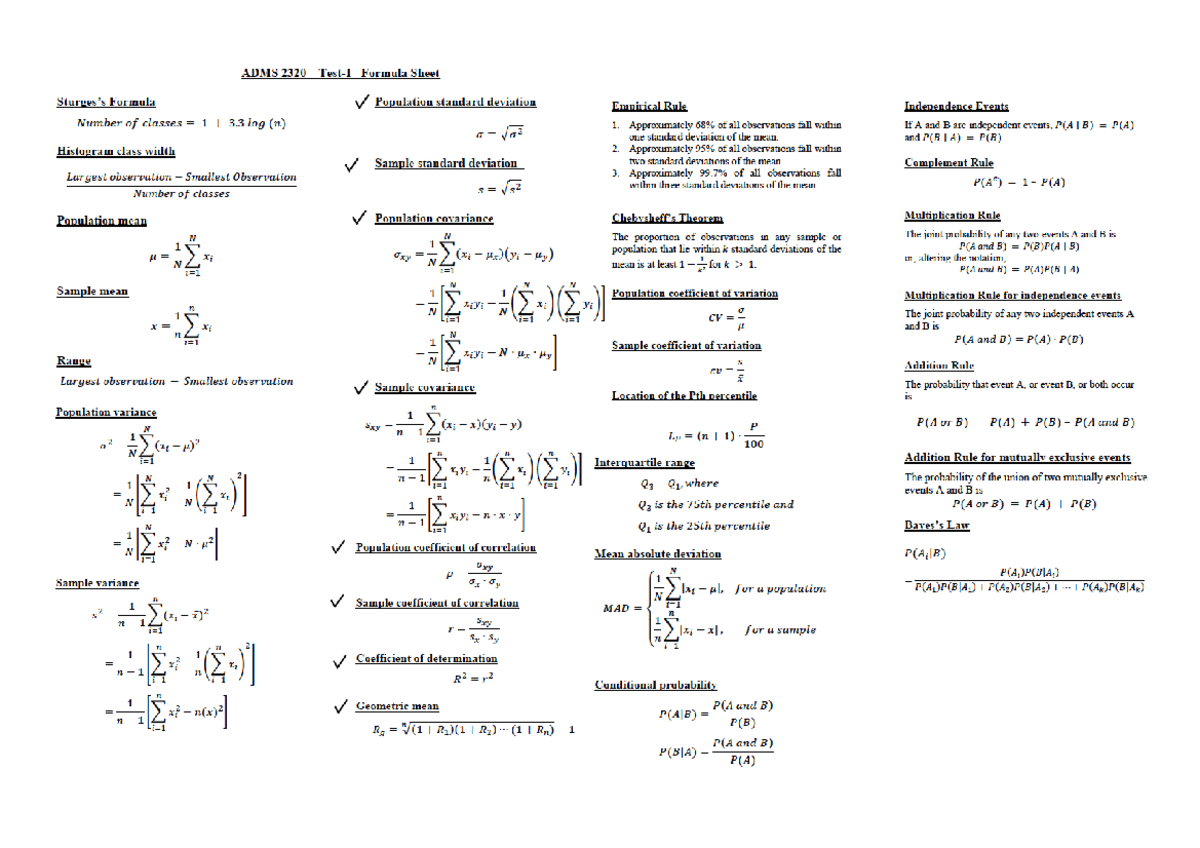 Formula shet - ADMS 2320 - Studocu