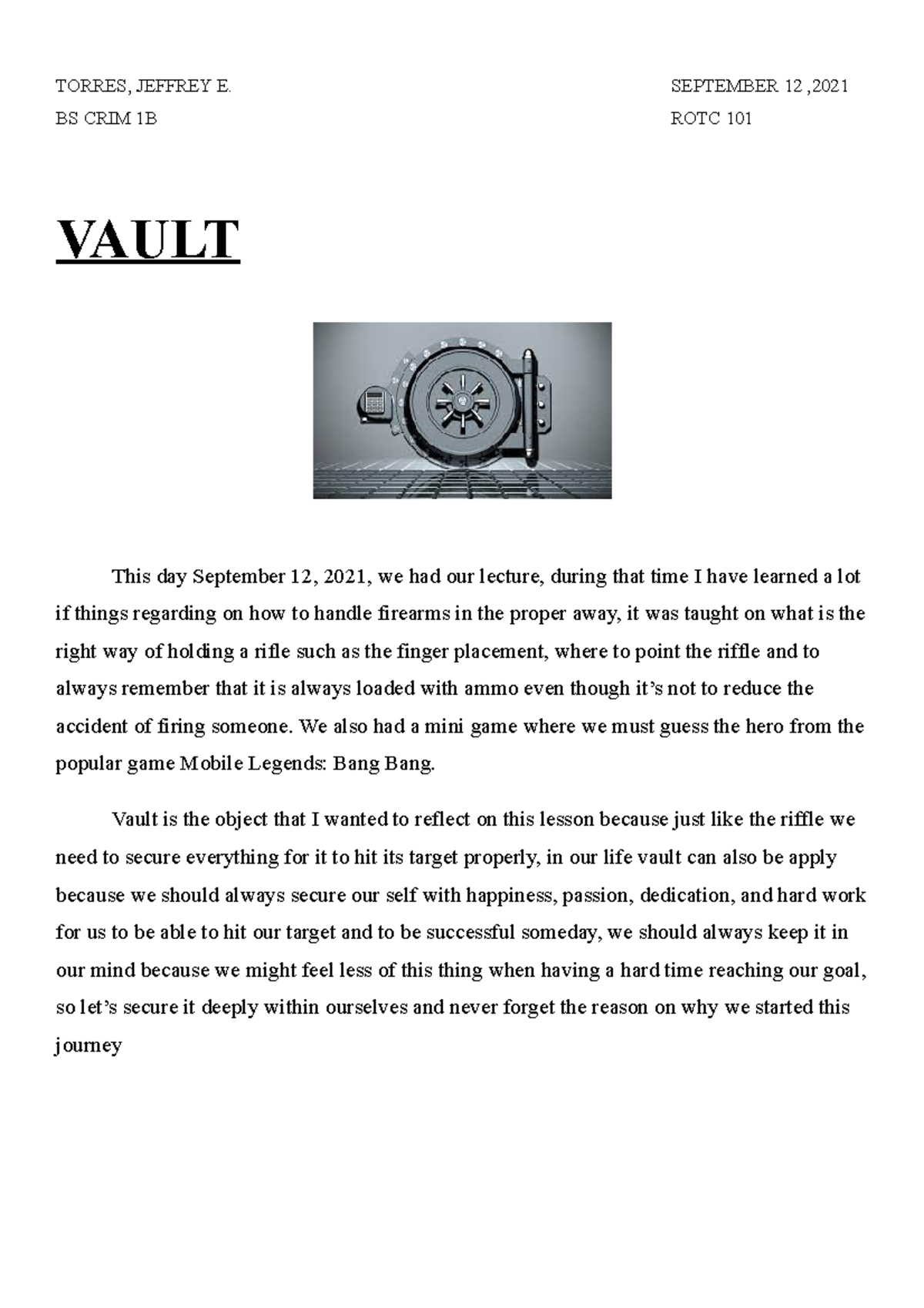 Vault - Lecture notes 2 - TORRES, JEFFREY E. SEPTEMBER 12 , BS CRIM 1B ...