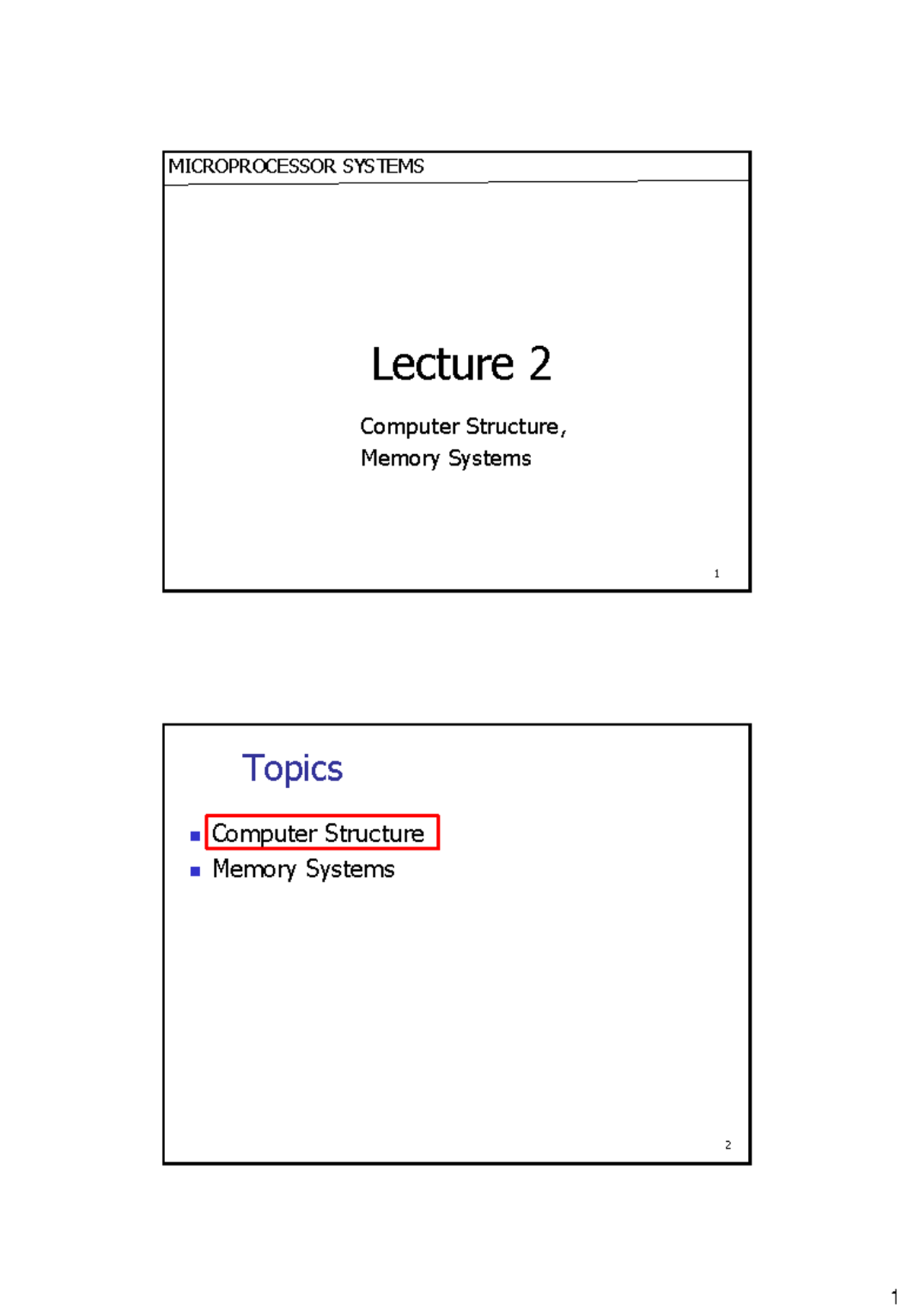 2 Computer Structure - Lecture 2 1 MICROPROCESSOR SYSTEMS Computer Structure, Memory Systems ...