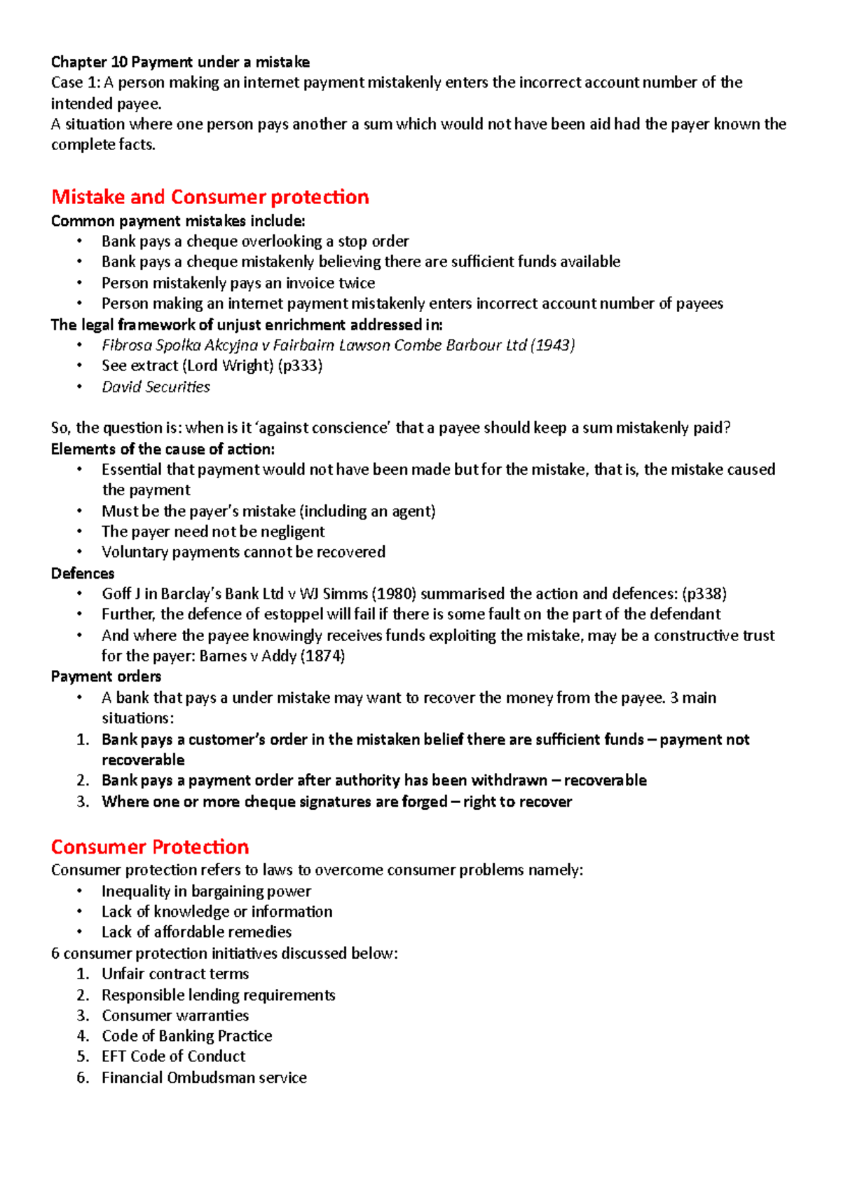 Chapter 10 - Mistake and consumer protection - Chapter 10 Payment under ...