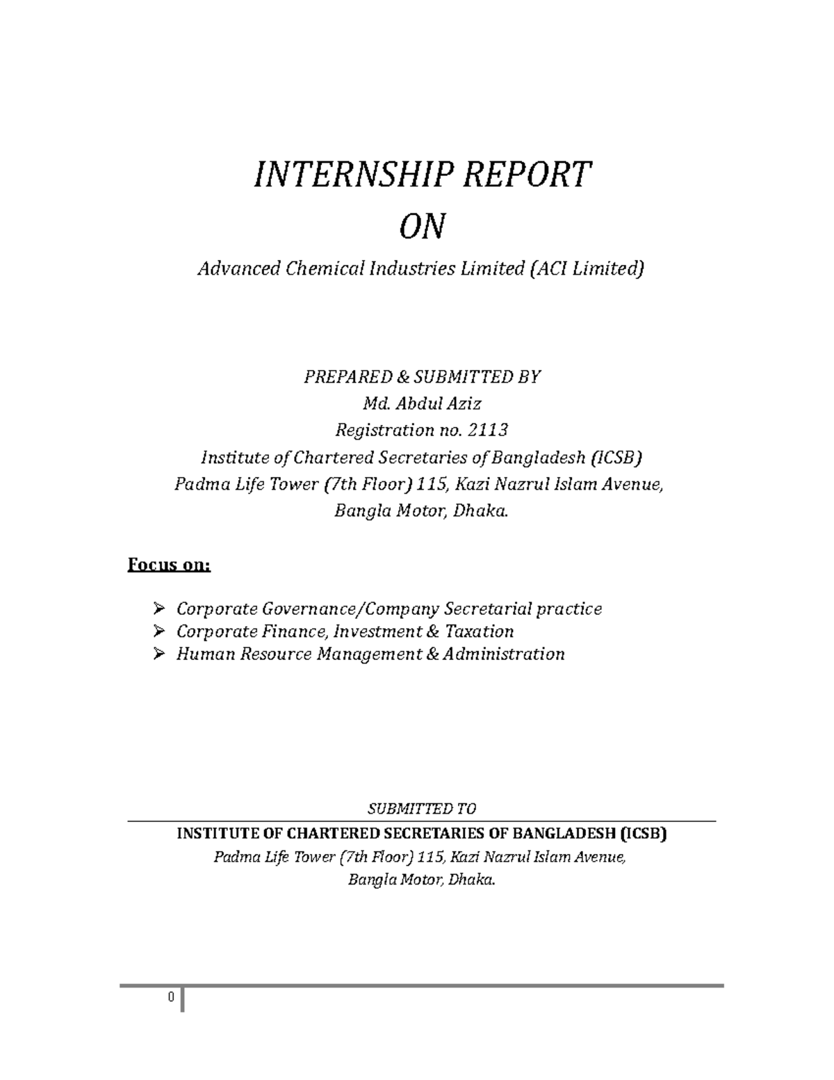 Report on ACI Limited by Mr Aziz (16-01-2016 ) - INTERNSHIP REPORT ON ...