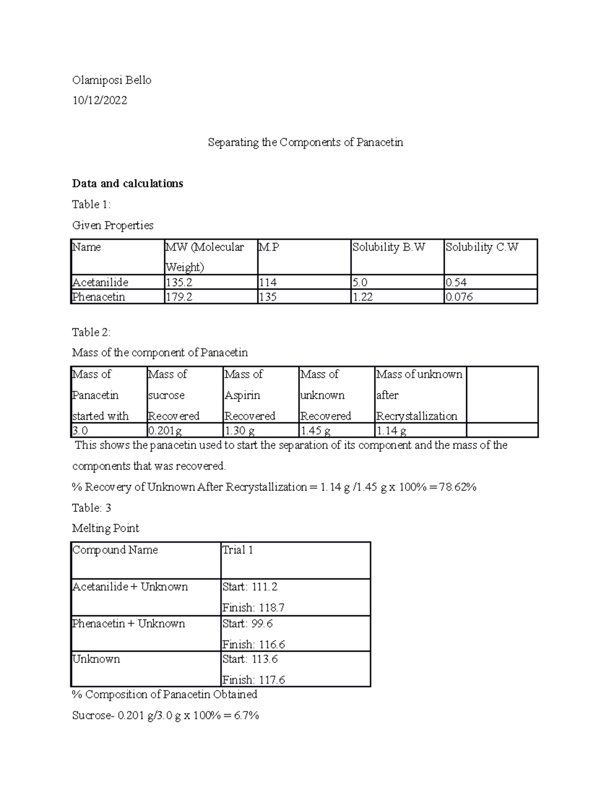 Lab report for experiment 2-3 - Olamiposi Bello 10/12/ Separating the Components of Panacetin ...
