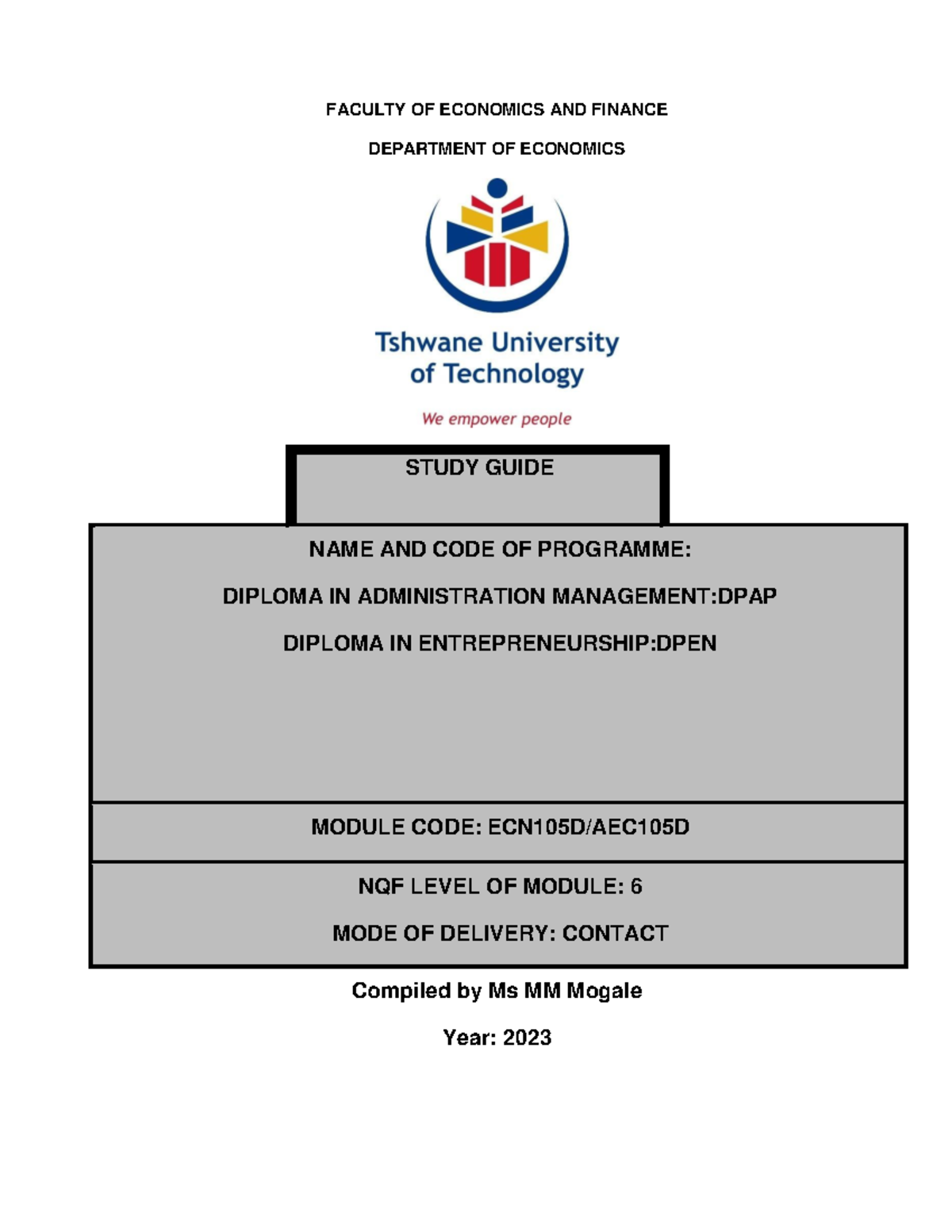 2023 Study Guide YEAR Module (1) - Copy - FACULTY OF ECONOMICS AND ...