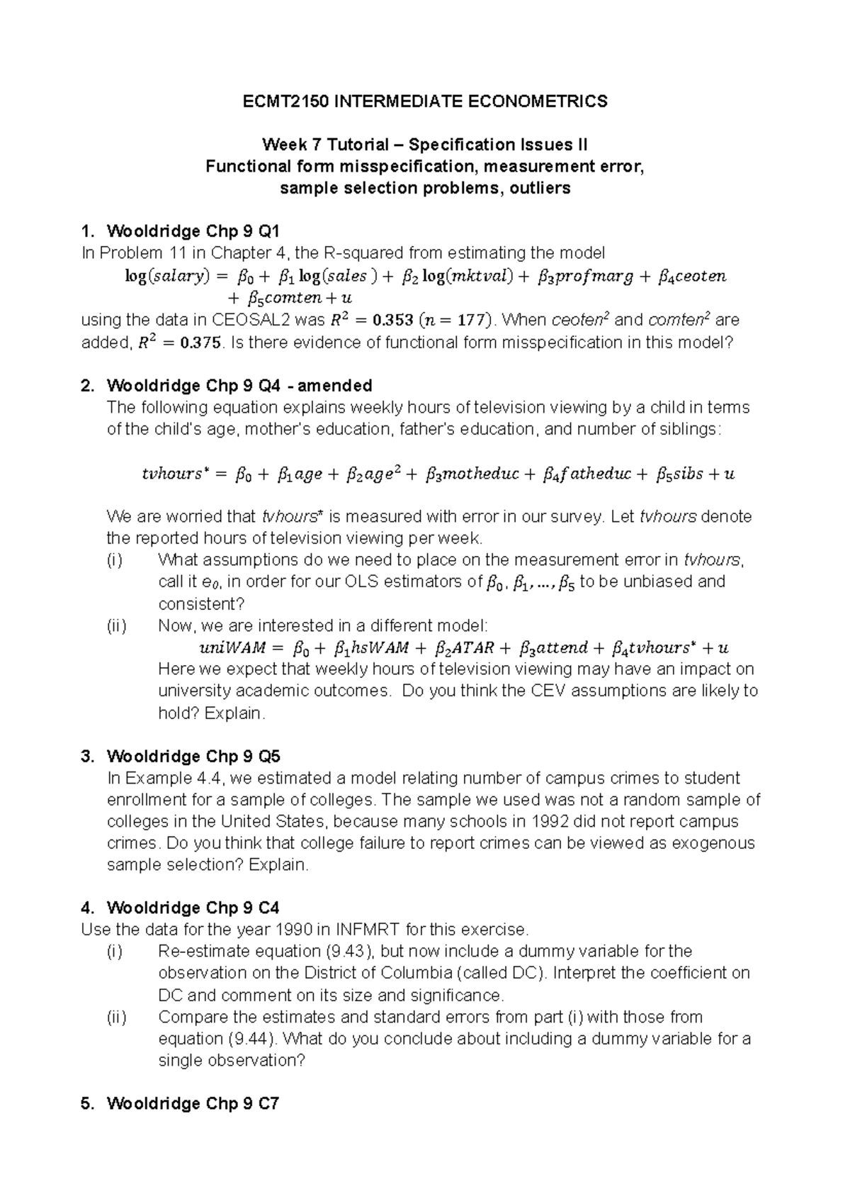 Week 7 Tutorial for ECMT2150 - ECMT2150 - USyd - Studocu