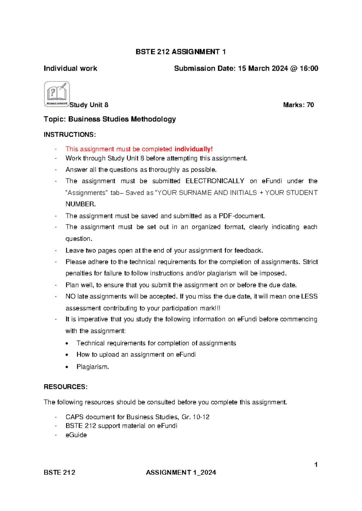 BSTE 212 Assignment 1 2024 - 1 BSTE 212 ASSIGNMENT 1 Individual work ...