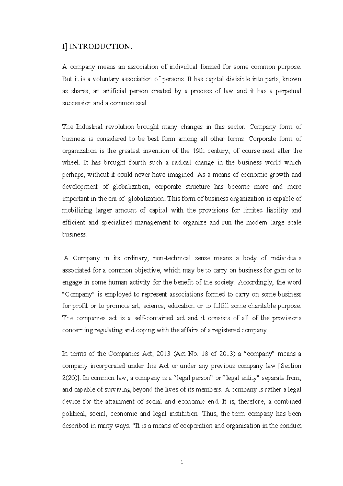 Company LAW - Reference for project - I] INTRODUCTION. A company means ...