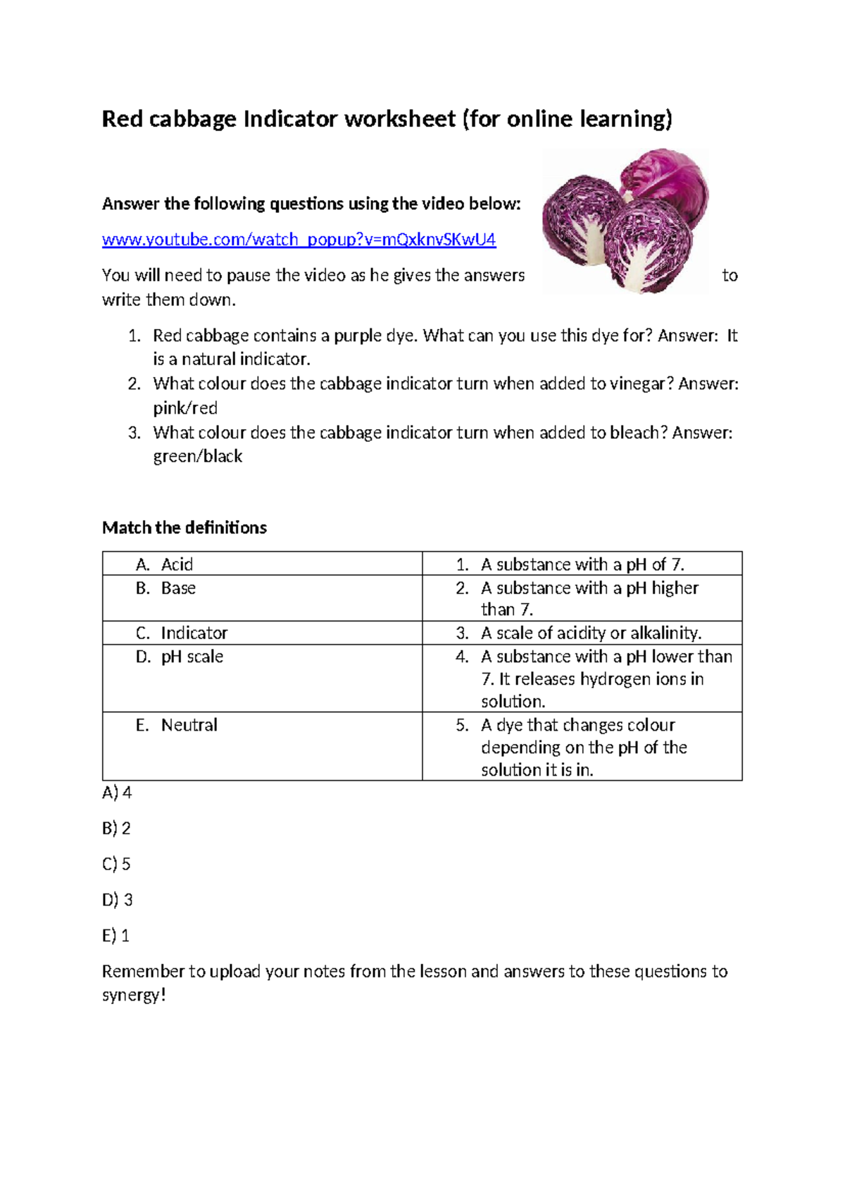 Science work 1 - Red cabbage Indicator worksheet (for online learning ...
