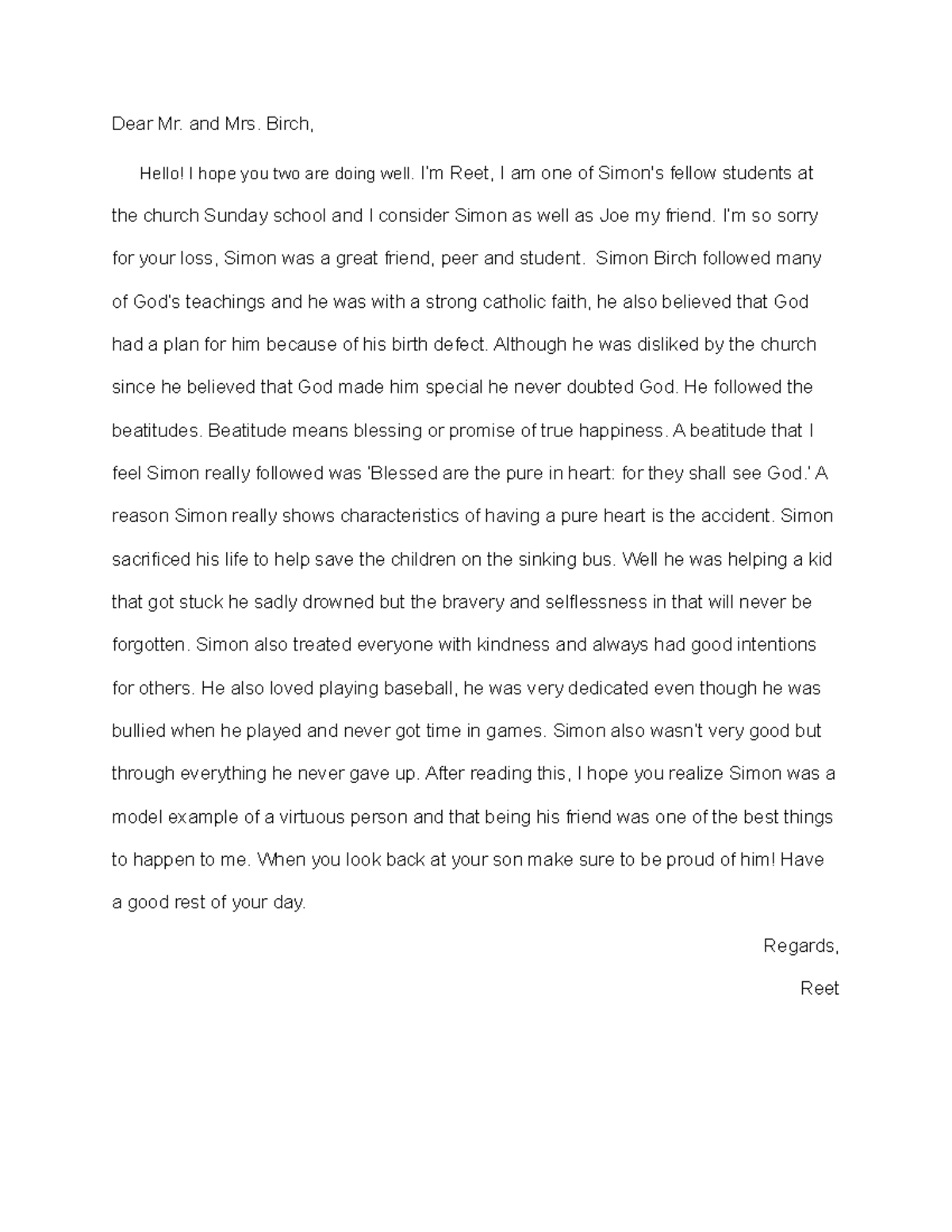 Dear Simon, Letter - Dear Mr. and Mrs. Birch, Hello! I hope you two are ...