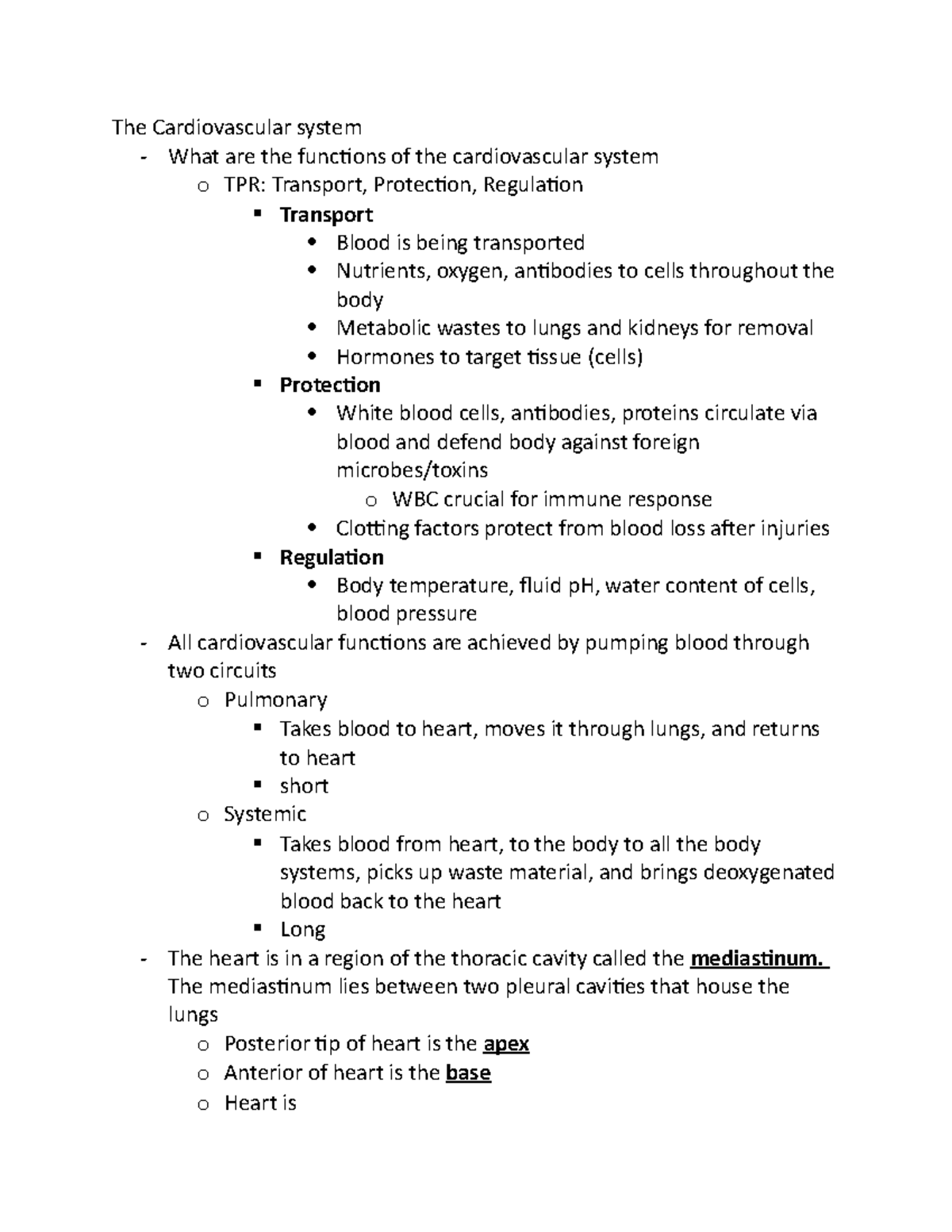 Bio 163 unit 1 - Barbara Dehart - The Cardiovascular system - What are ...