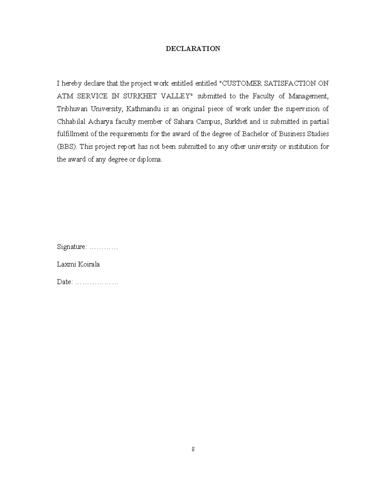 1st Part ATM - DECLARATION I hereby declare that the project work ...