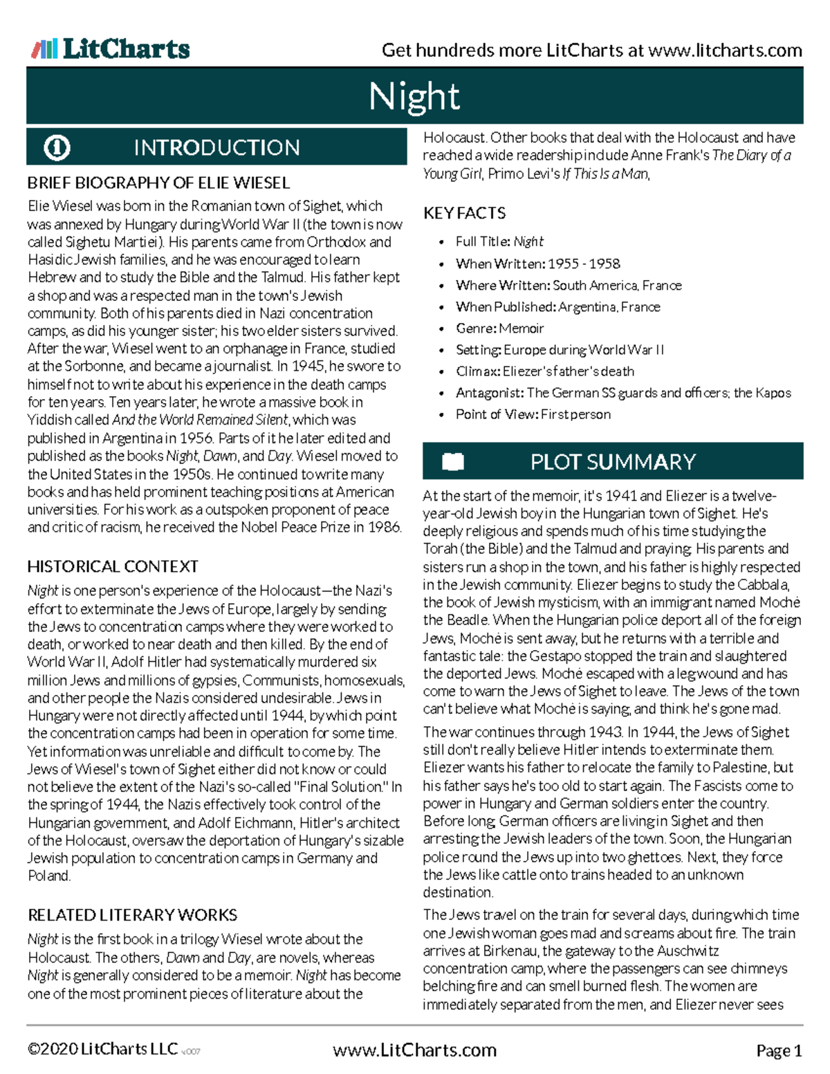 Night-Lit Chart - Night BRIEF BIOGRAPHY OF ELIE WIESEL Elie Wiesel was ...
