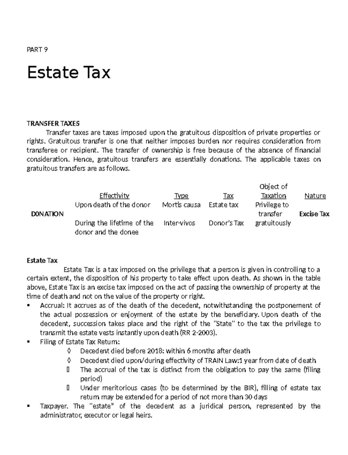 09 Estate Tax - PART 9 Estate Tax TRANSFER TAXES Transfer taxes are ...