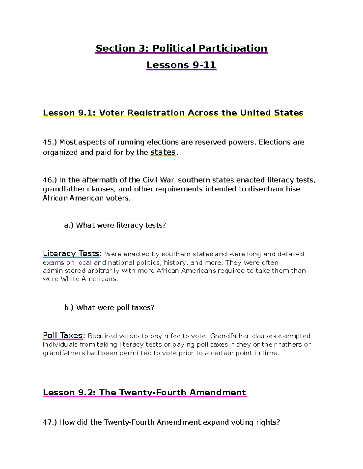 C963 Section 3 lessons 9-11 - Section 3: Political Participation ...