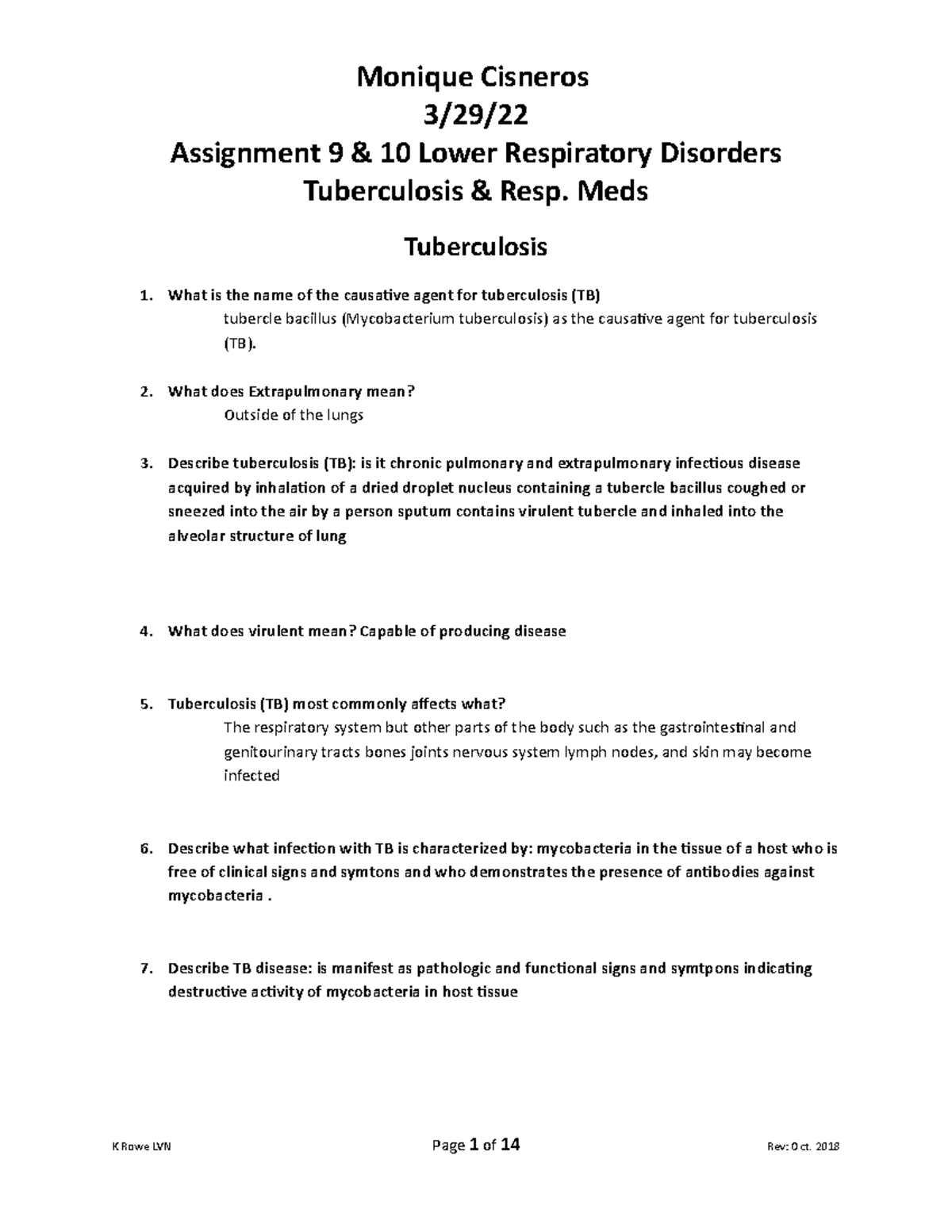 Assignment 9 CH 10 Tuberculosis RESP MEDS - 3/29/ Assignment 9 & 10 ...