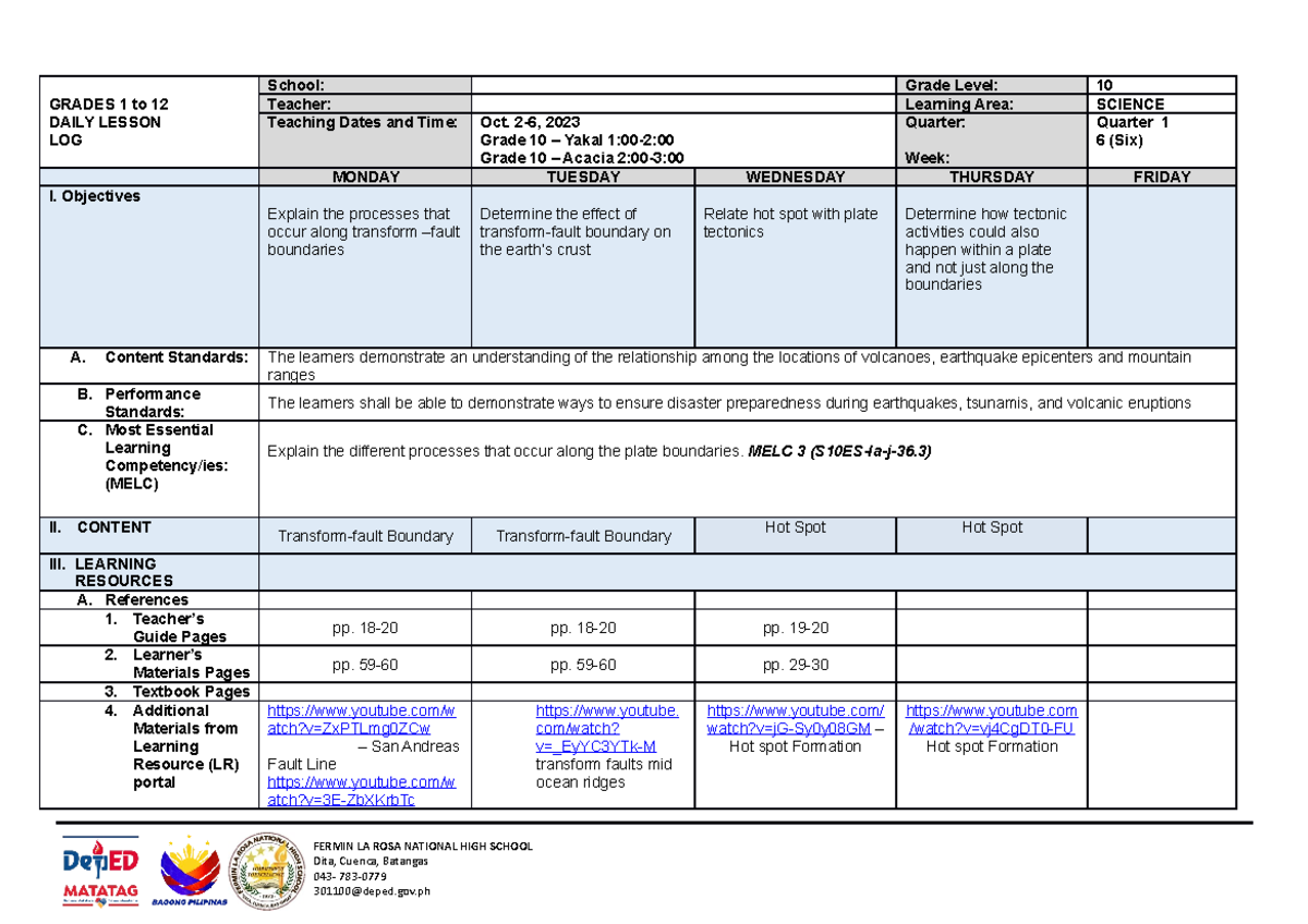 DLL-Q-1-WEEK-6-OCT.2-6- GRADES 1 to 12 DAILY LESSON LOG School: Grade ...