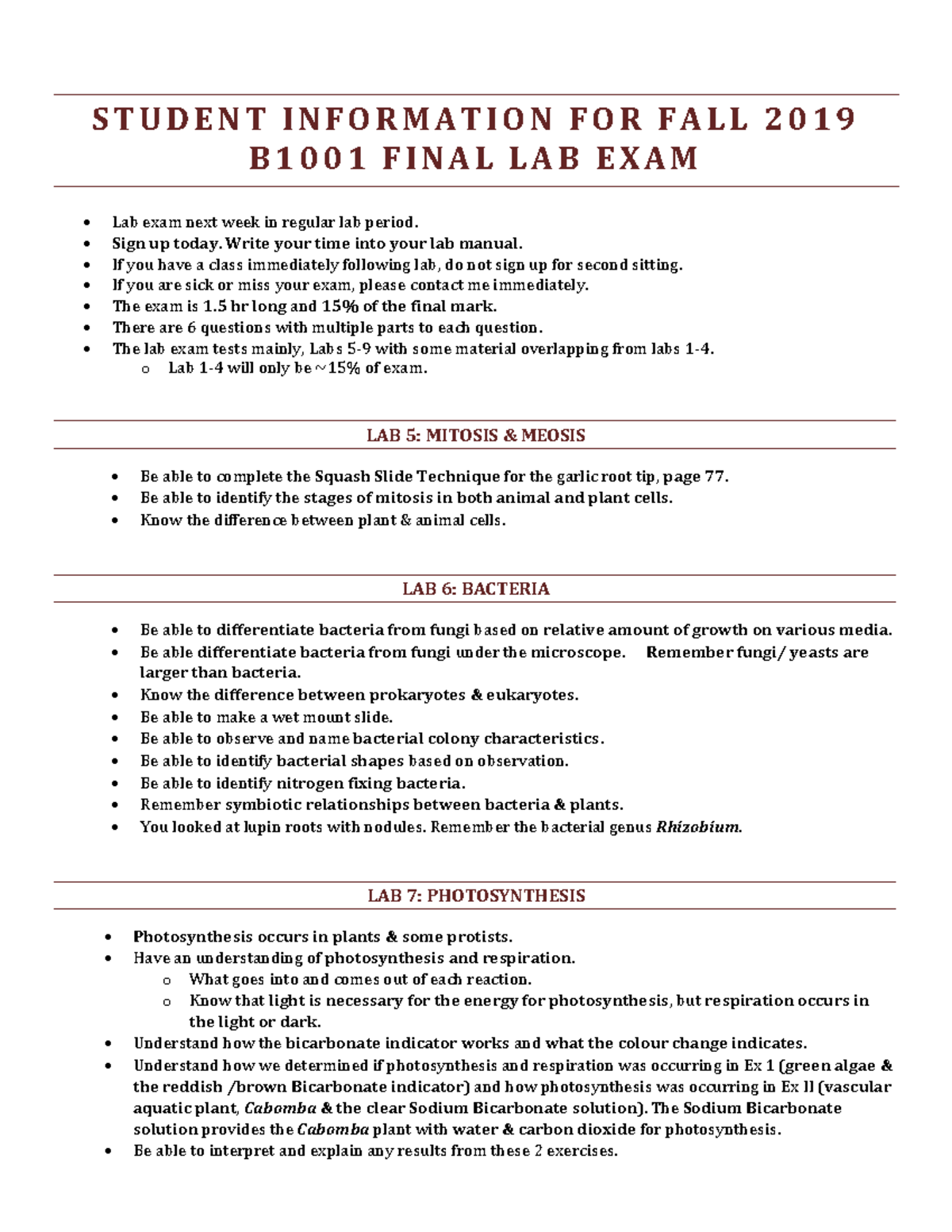 LAB Final EXAM Information - S T U D E N T I N F O R M A T I O N F O R ...