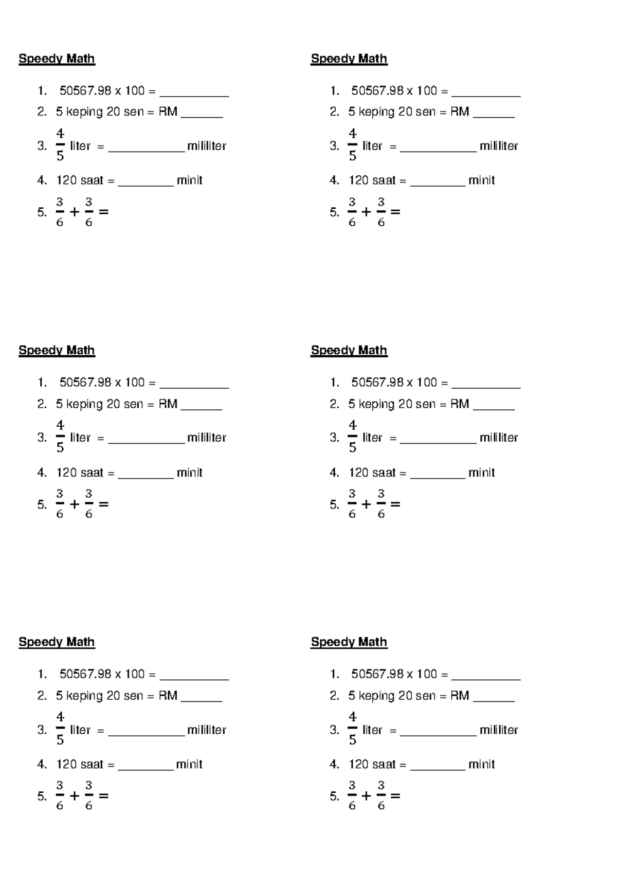 413829732 Speedy Math 5 - Speedy Math 1. 50567 x 100 = __________ 2. 5 ...
