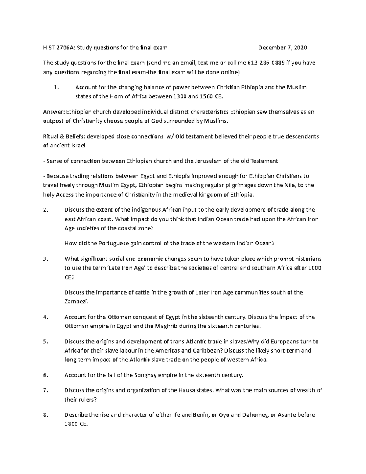 Final exam 20 December Spring 2020, questions and answers - HIST 2706A ...
