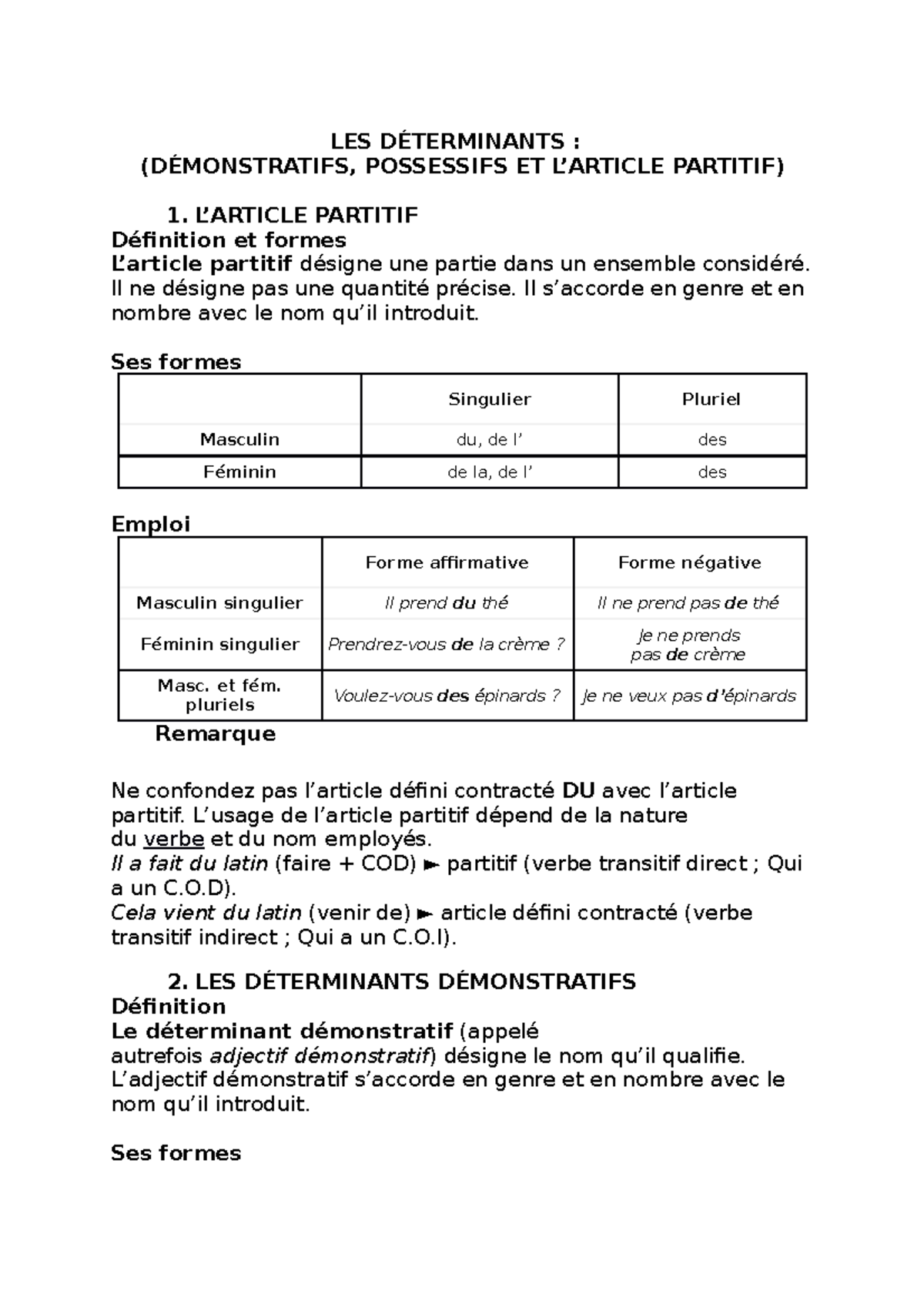 Cours N° -LES Déterminants ( Démonstratifs, Possessifs ET L’ Article ...