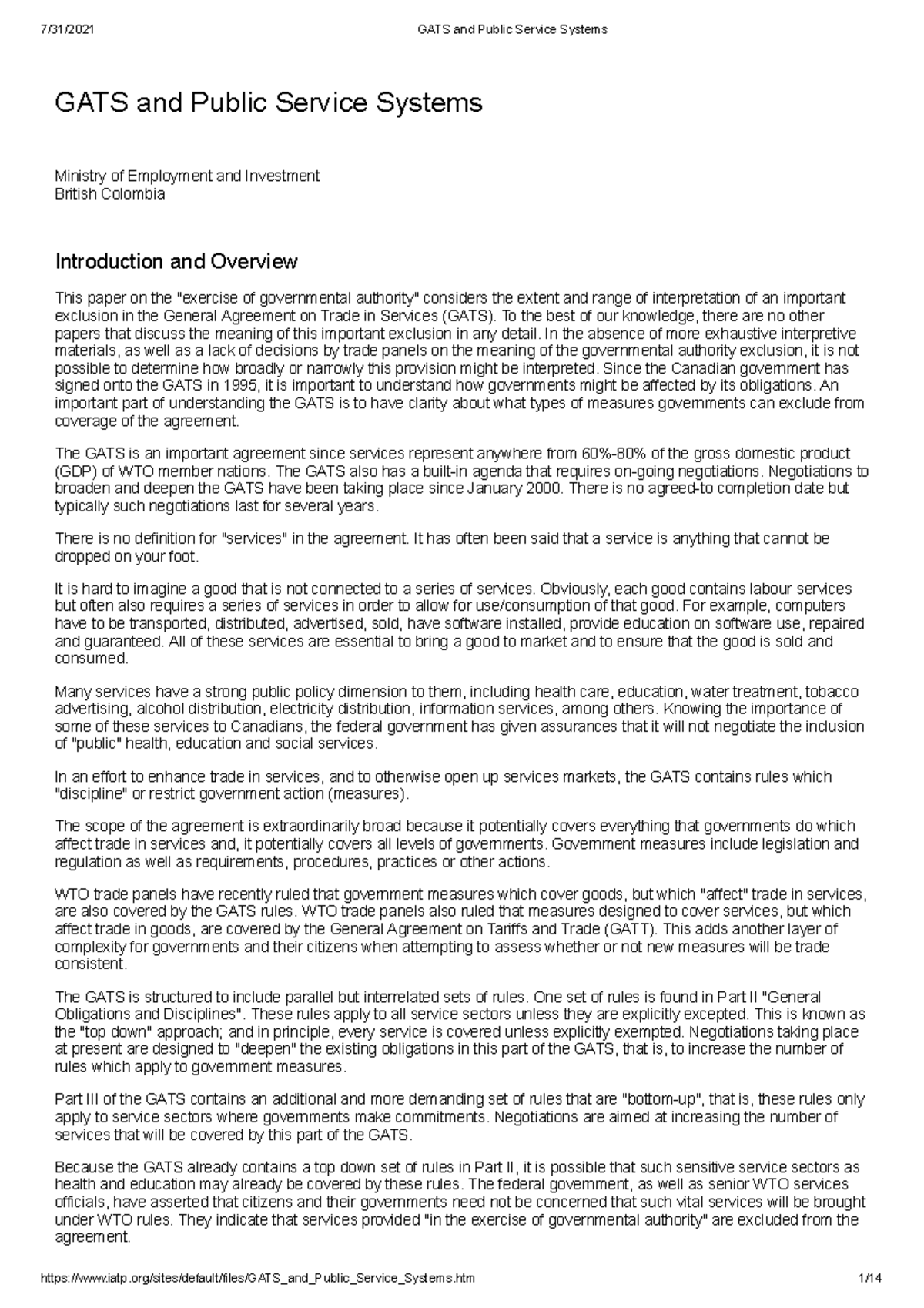 Service of govt authority - GATS and Public Service Systems Ministry of ...