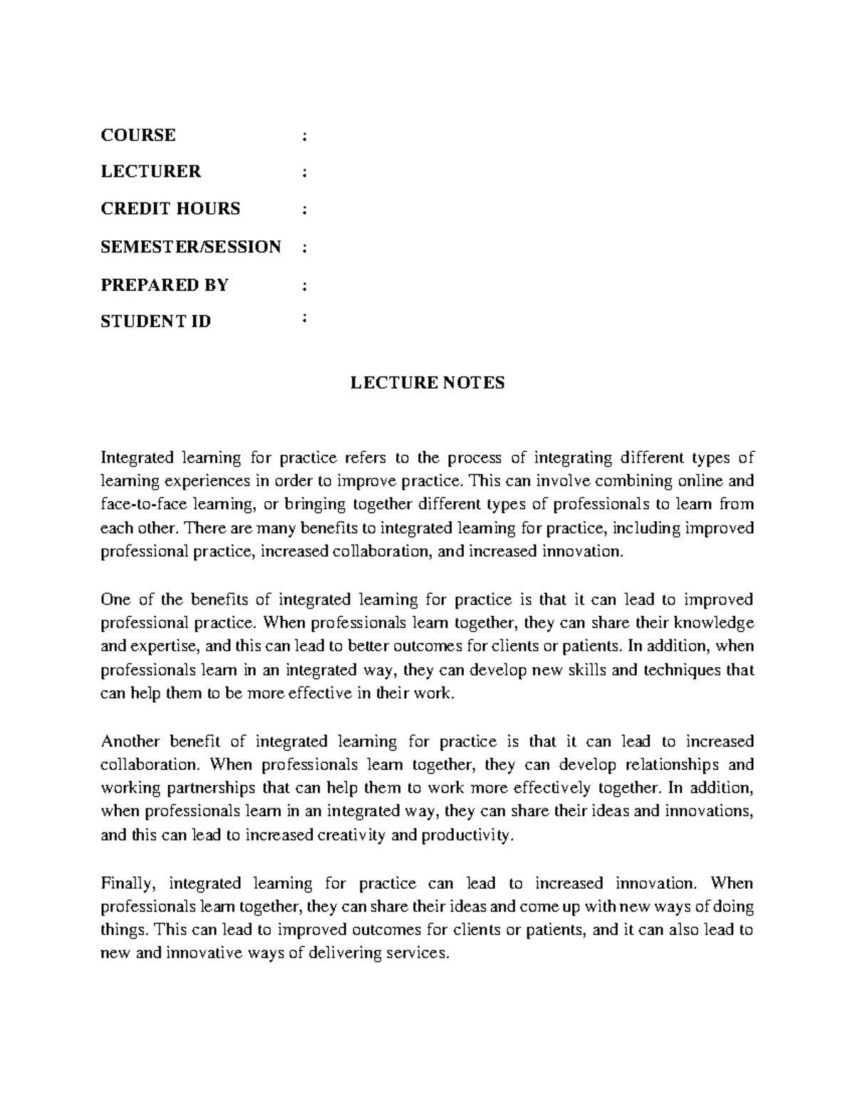 Integrated Learning for Practice Lecture Notes - COURSE : LECTURER ...