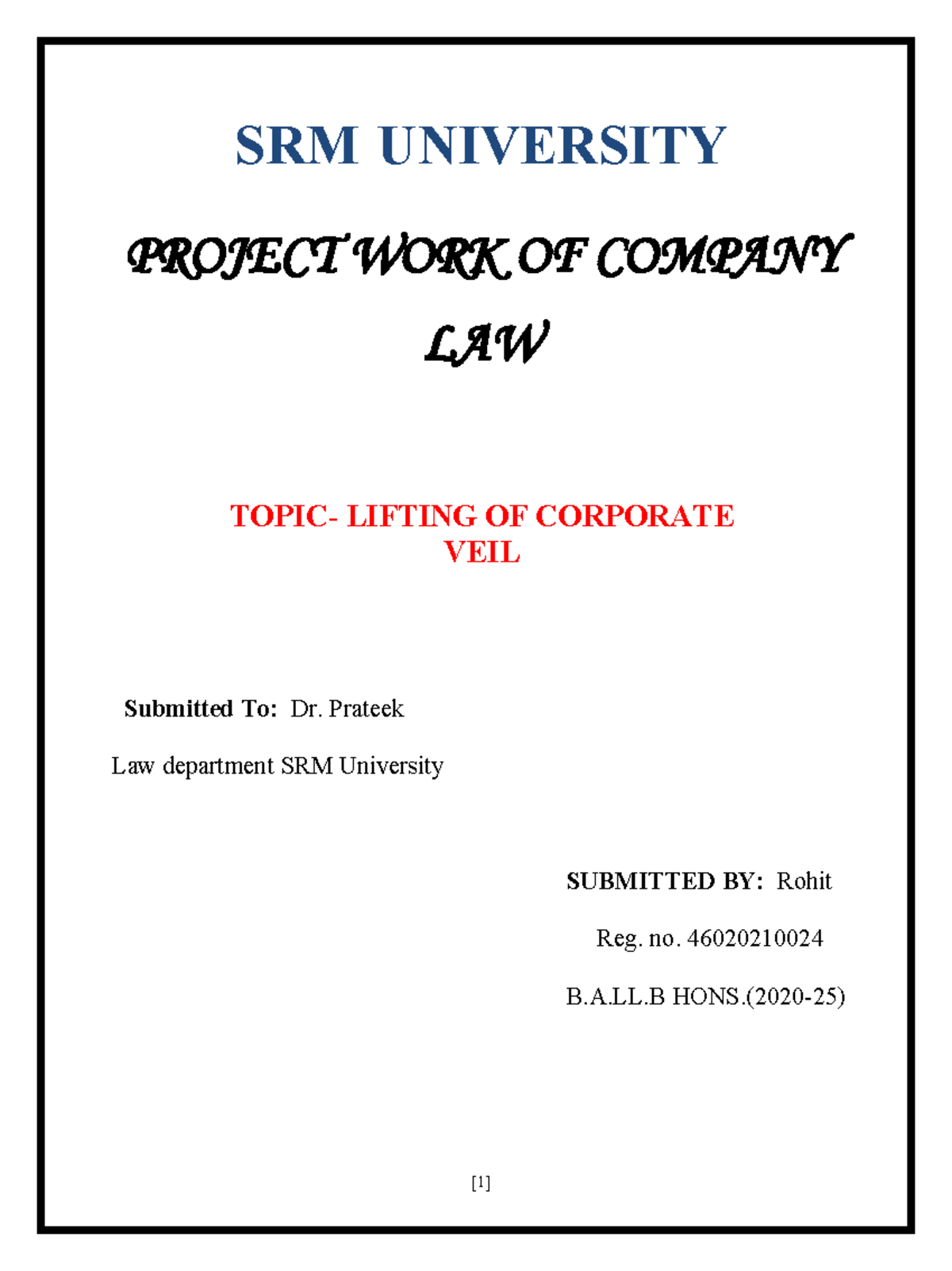 Rohit comapny law project - [ 1 ] SRM UNIVERSITY PROJECT WORK OF ...