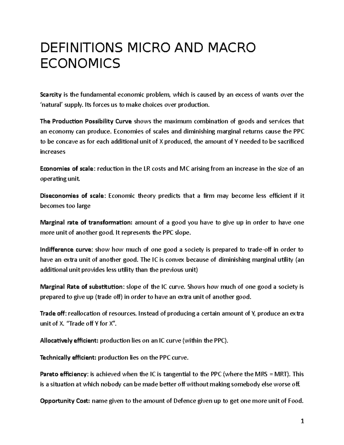 Econ definitions - Summary Economics 1 - DEFINITIONS MICRO AND MACRO ...