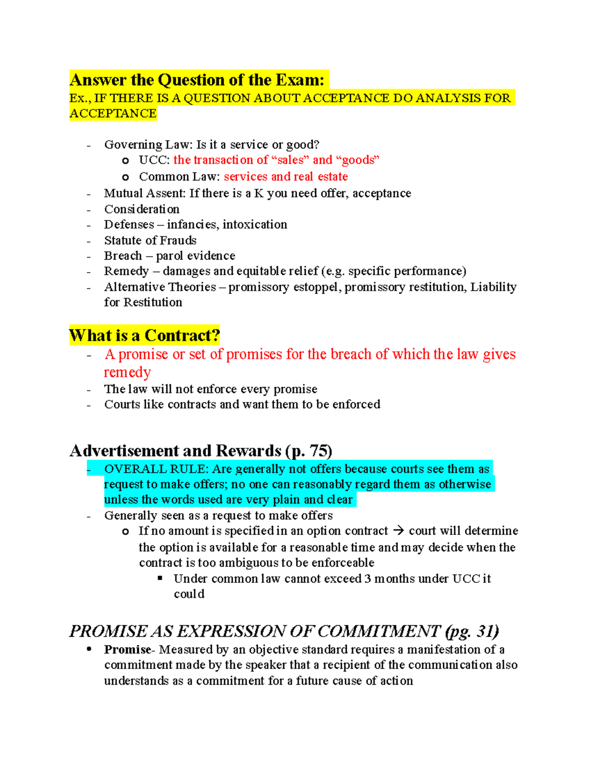 Contracts Outline - Answer the Question of the Exam: Ex., IF THERE IS A ...