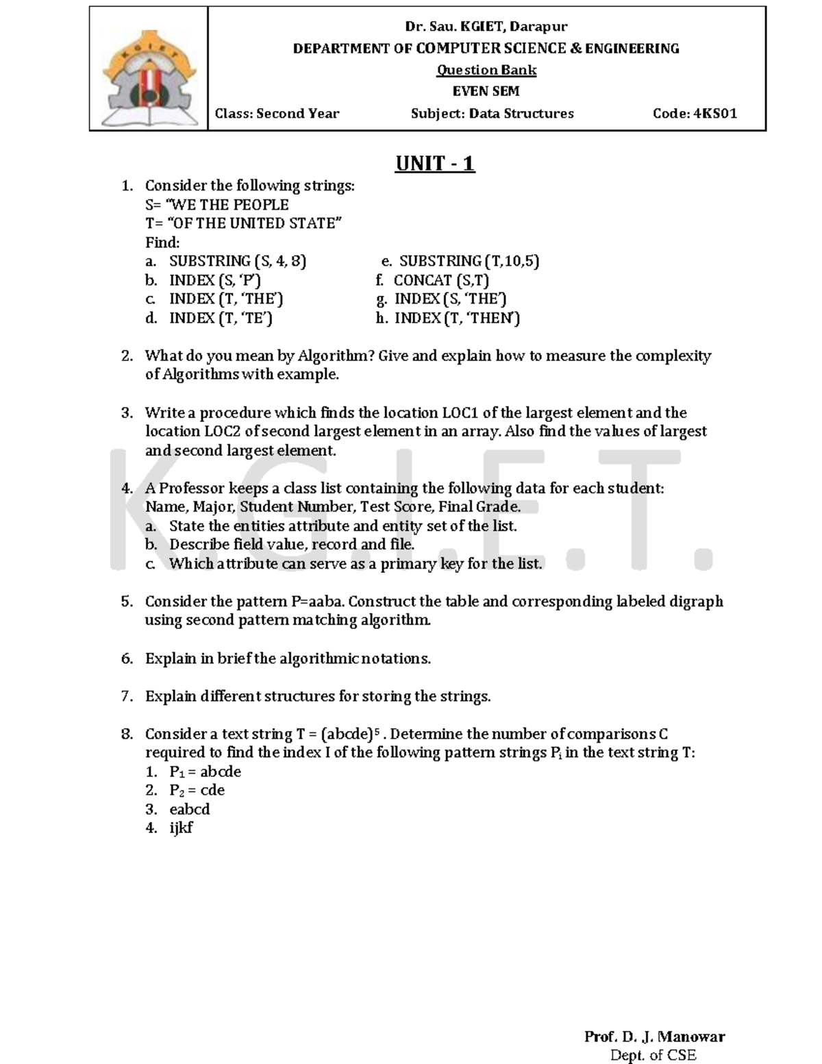 9. DS Question Bank - Prof. D. J. Manowar UNIT - 1 Consider the ...