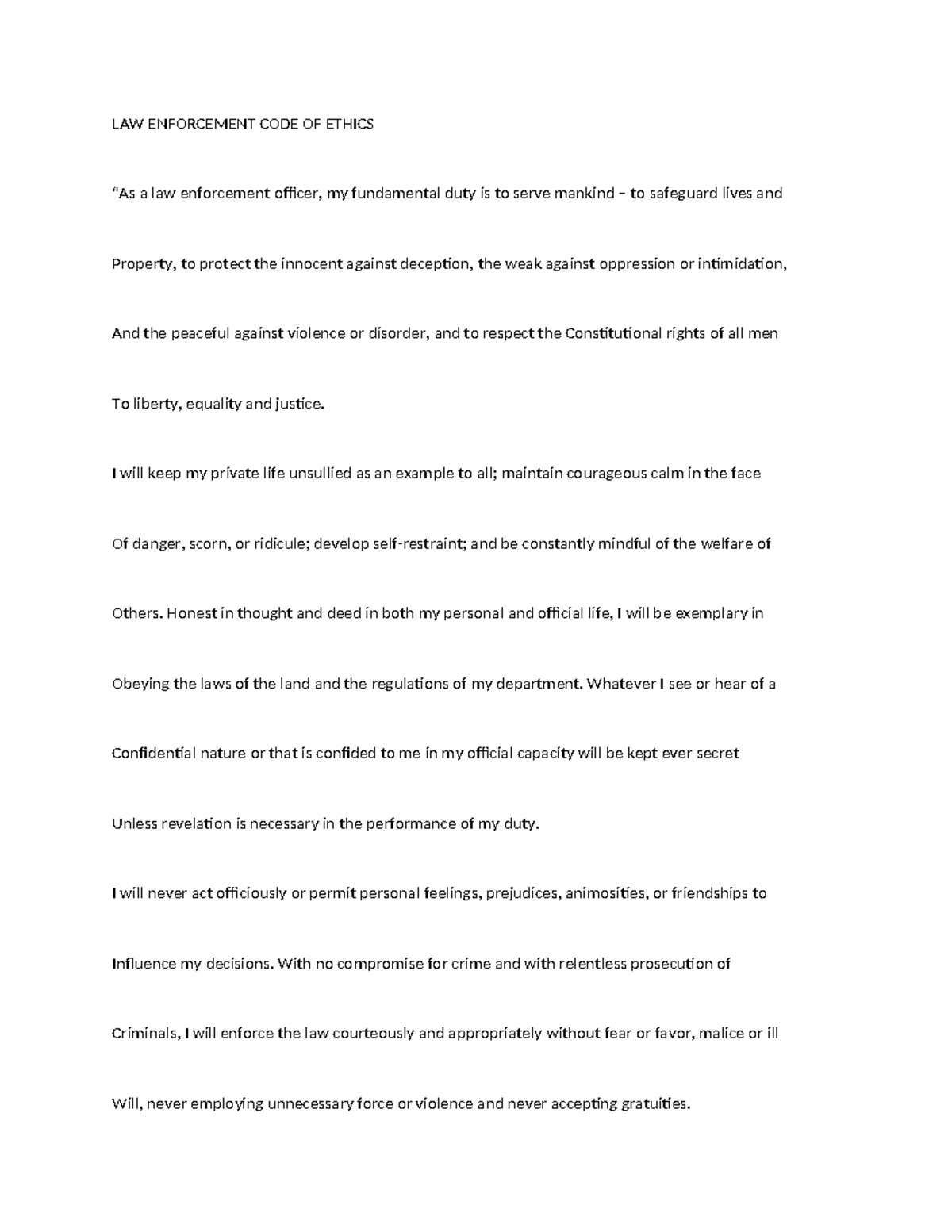 Law Enforcement Code of Ethics Yangat 1 - LAW ENFORCEMENT CODE OF ...