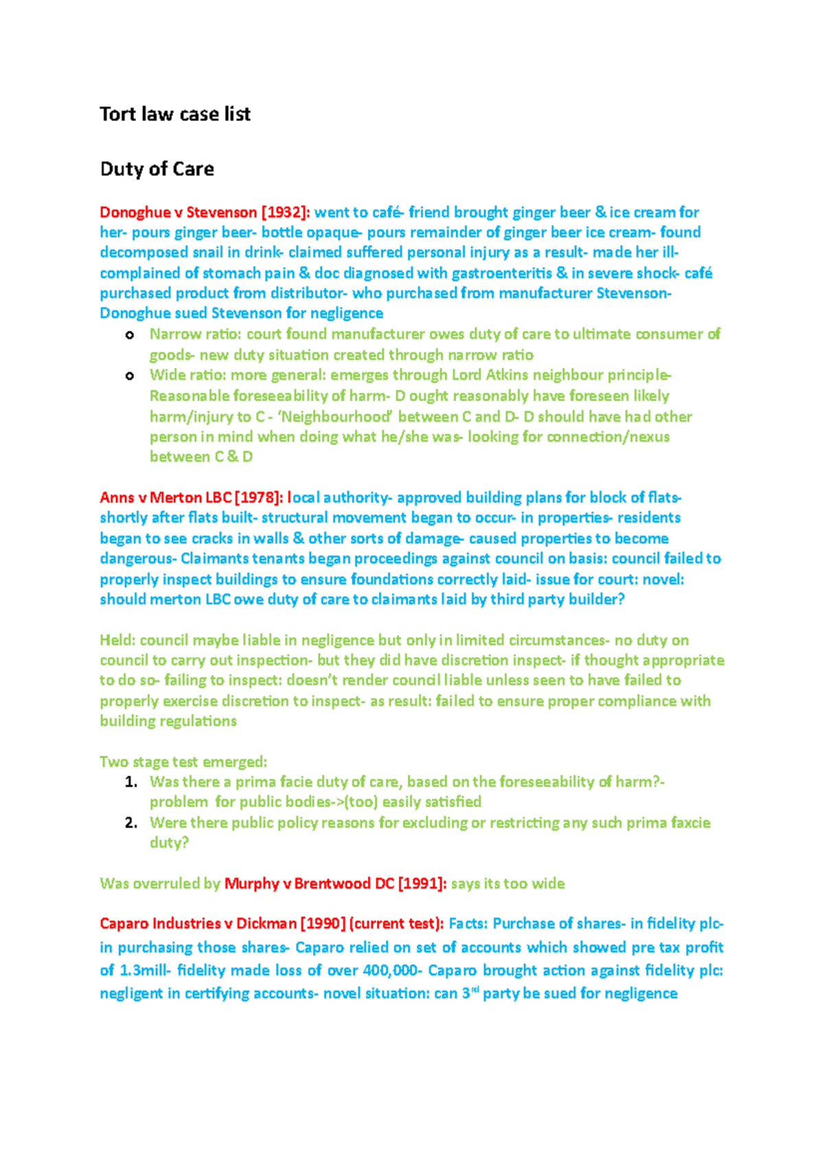 Tort case list - Case lists - Tort law case list Duty of Care Donoghue ...