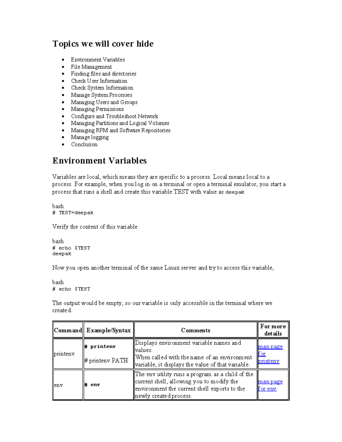 Linux commands cheet sheet - Topics we will cover hide Environment ...