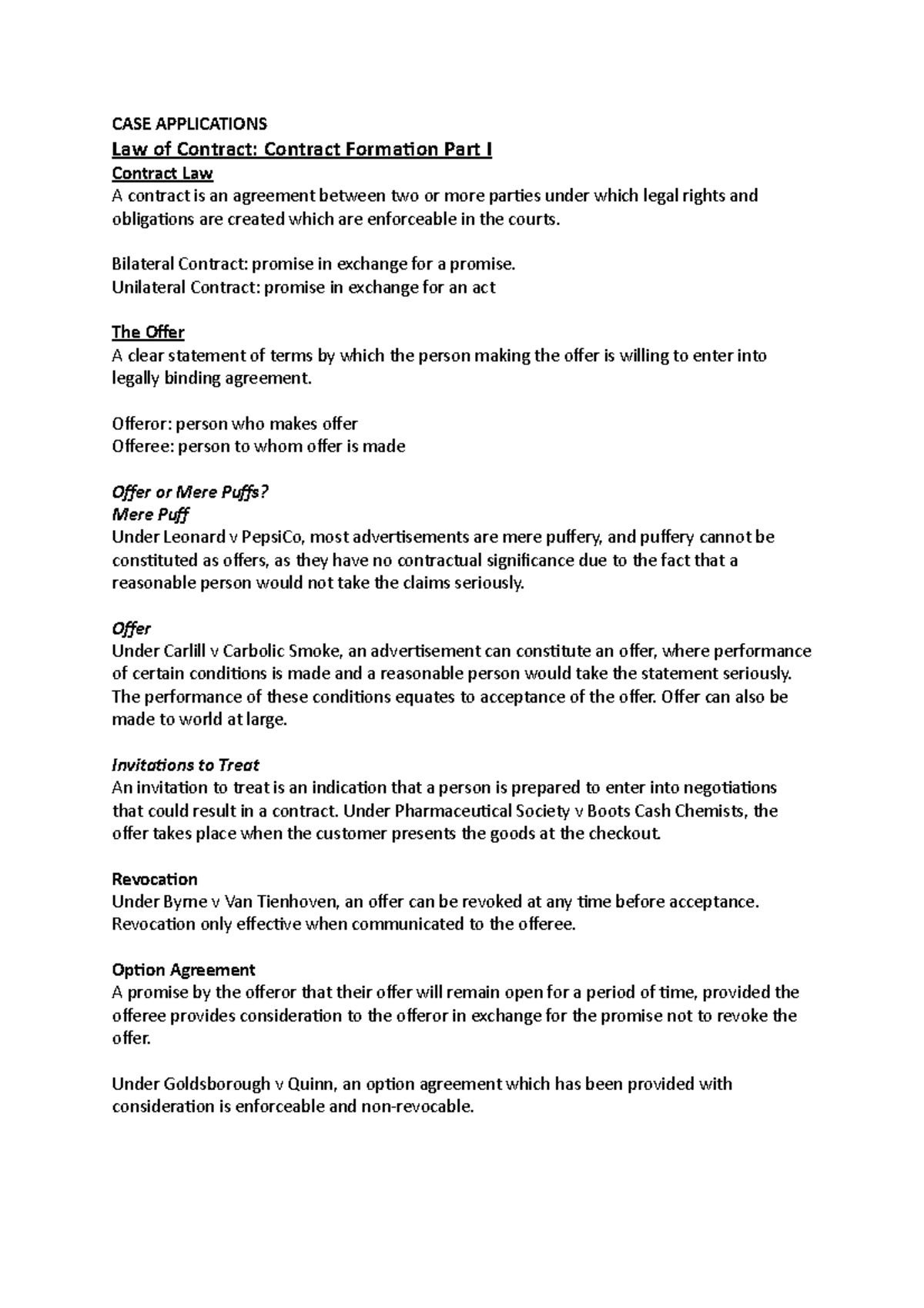 Case Applications - CASE APPLICATIONS Law of Contract: Contract ...