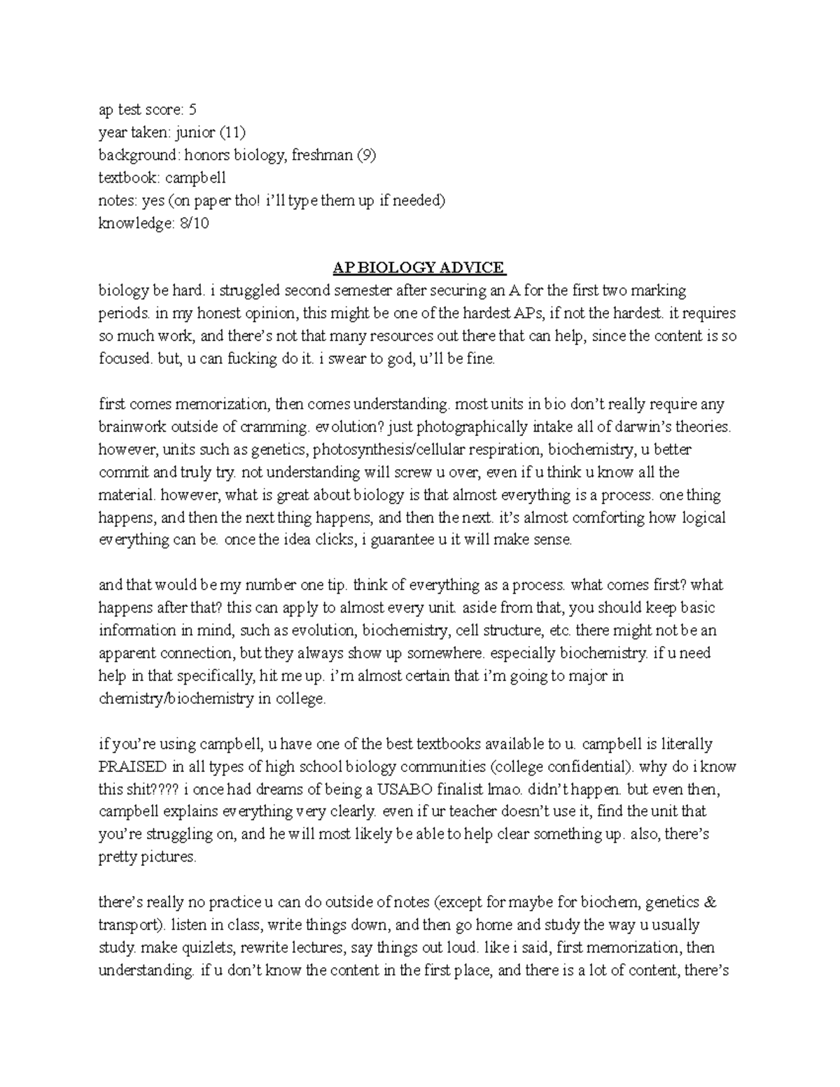 Ap bio advice - ap test score: 5 year taken: junior (11) background ...