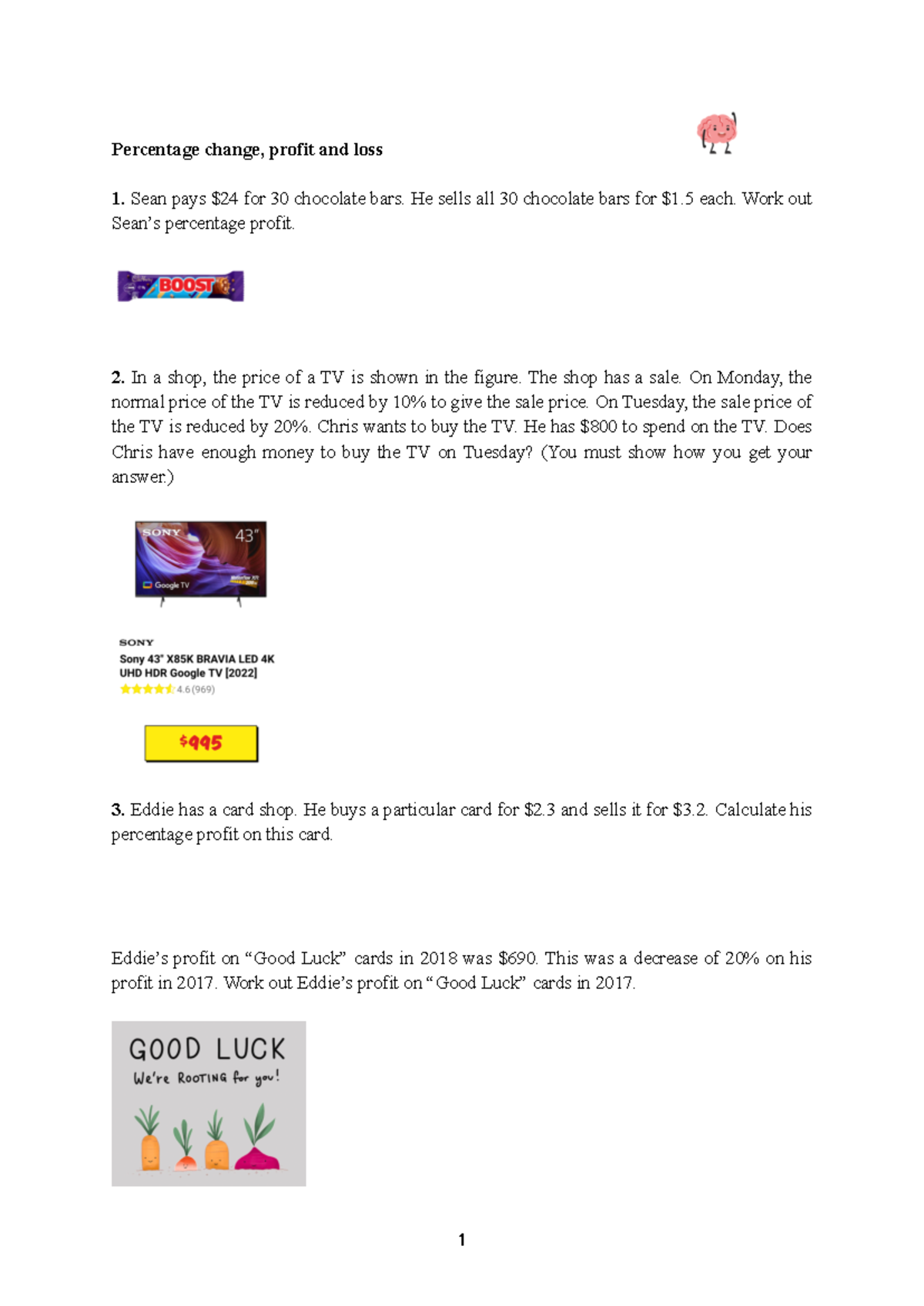 Percentage change worksheet - 1 Percentage change, profit and loss Sean ...