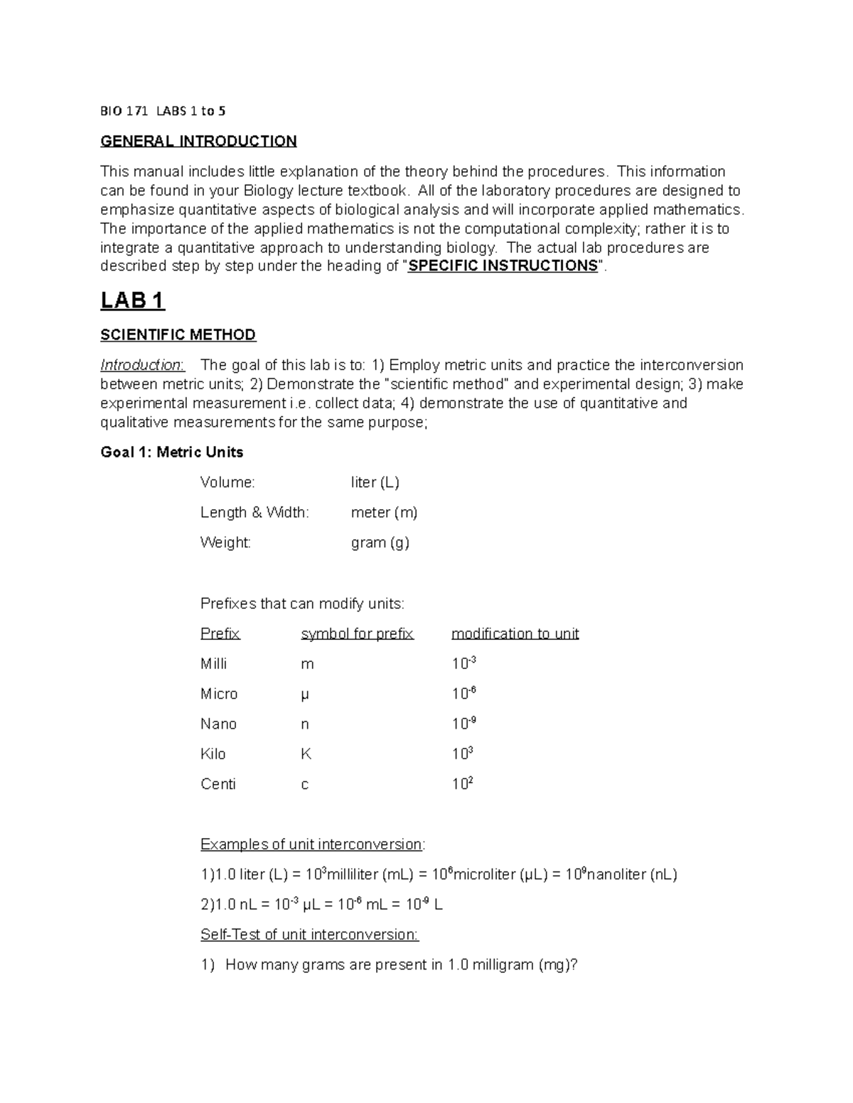 BIO 171 LABS 1 to 5 FALL 2023 - BIO 171 LABS 1 to 5 GENERAL INTRODUCTION This manual includes ...