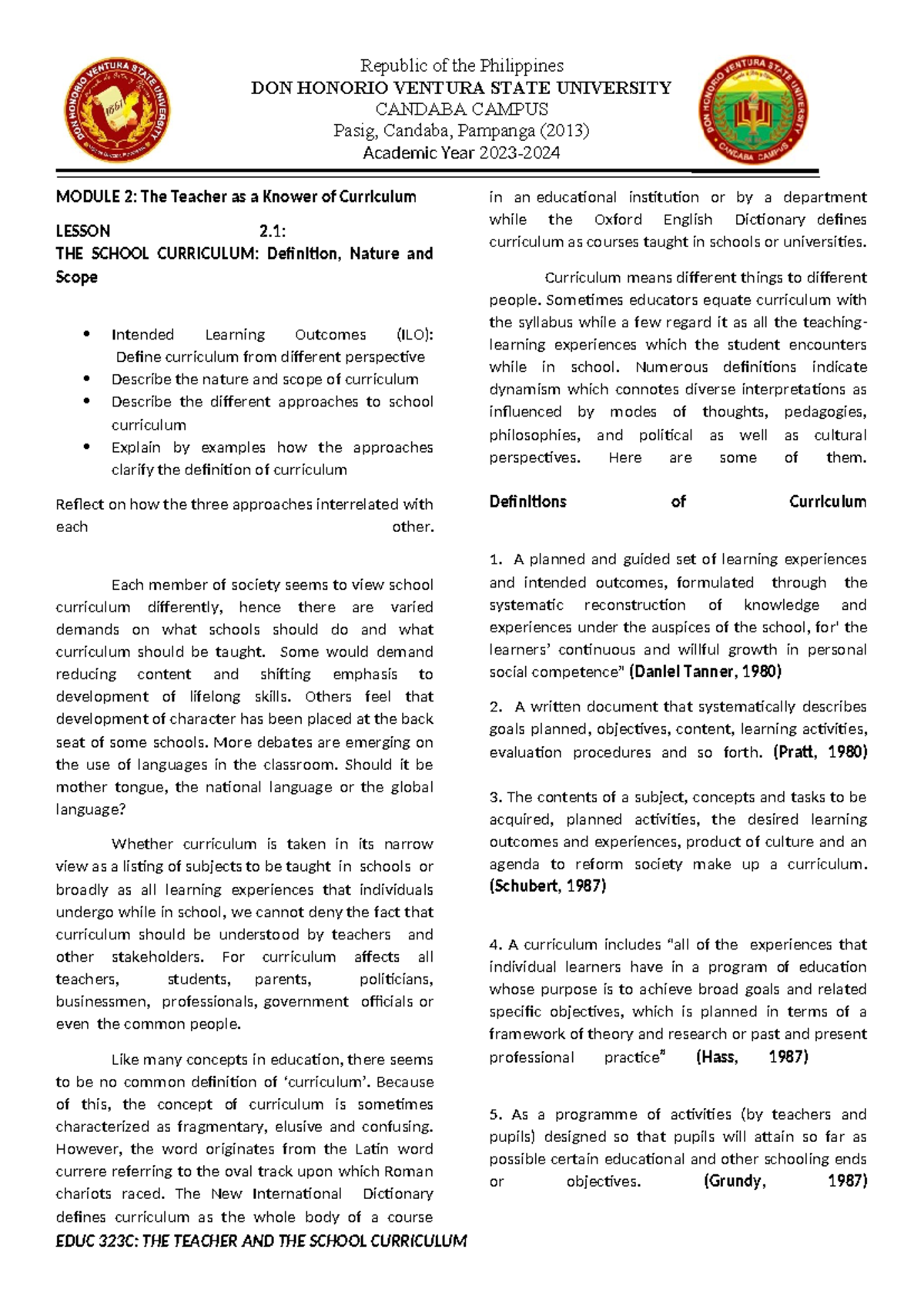 EDUC 323C Reviewer - DON HONORIO VENTURA STATE UNIVERSITY CANDABA ...