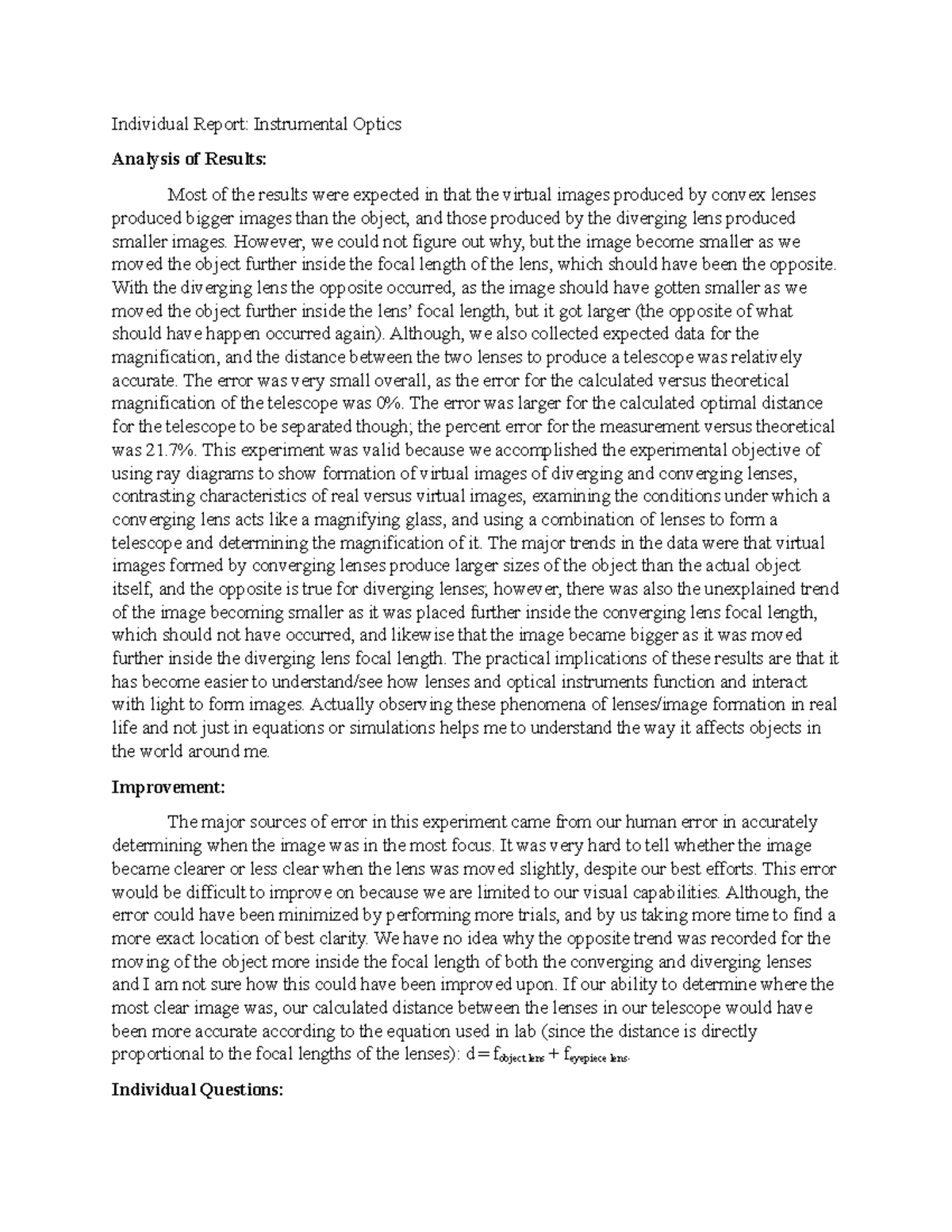 Lab 6 (instrumental optics) - Individual Report: Instrumental Optics ...