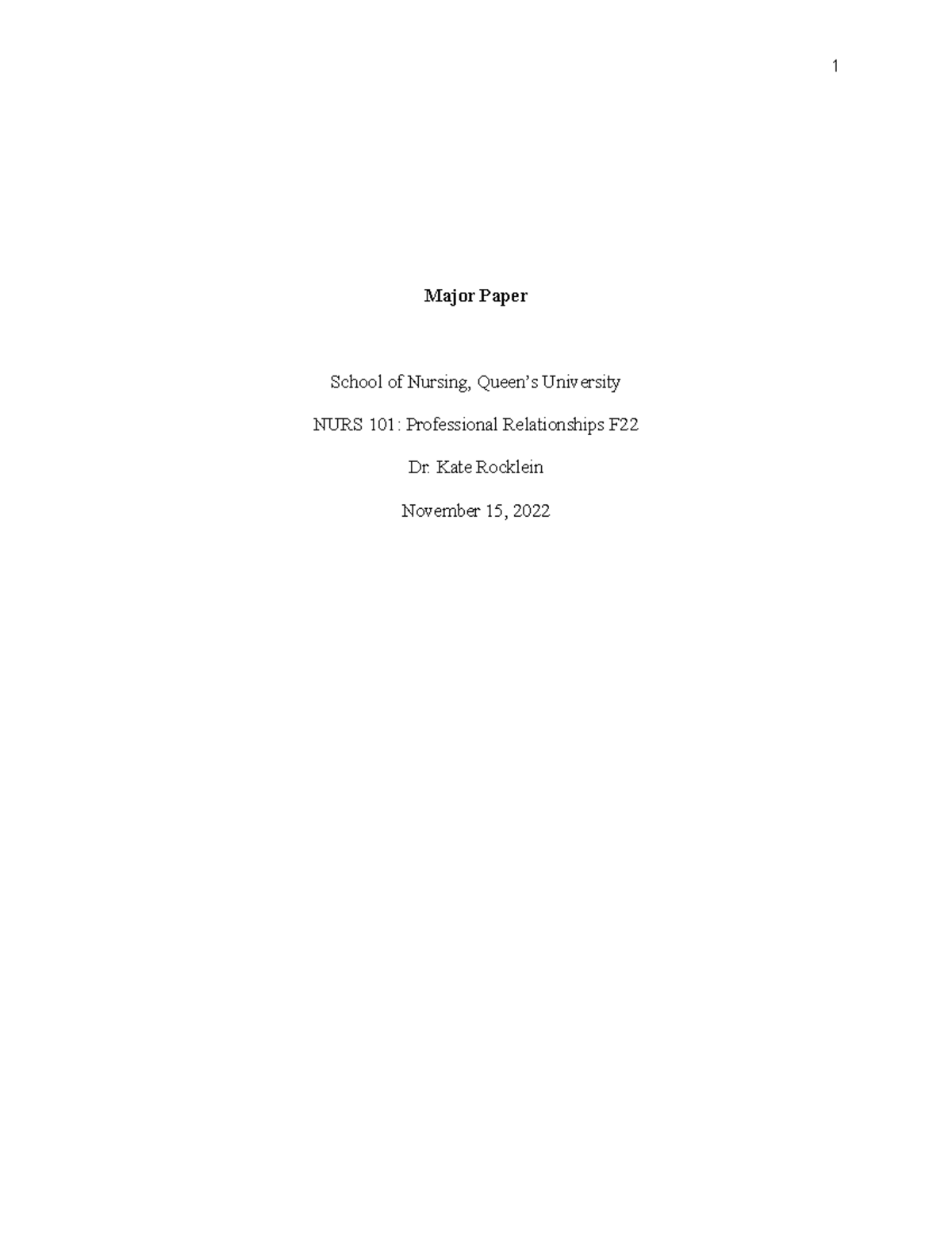 101 Major Paper - Major Paper School of Nursing, Queen’s University ...