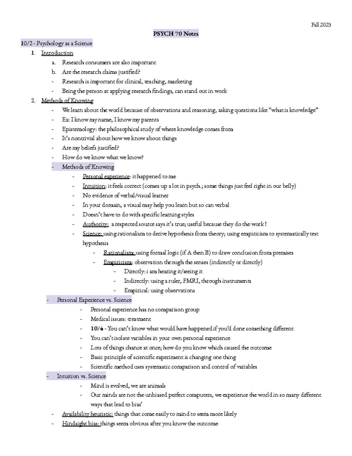 Psych 70 - Notes - PSYCH 70 Notes 10/2 - Psychology as a Science ...