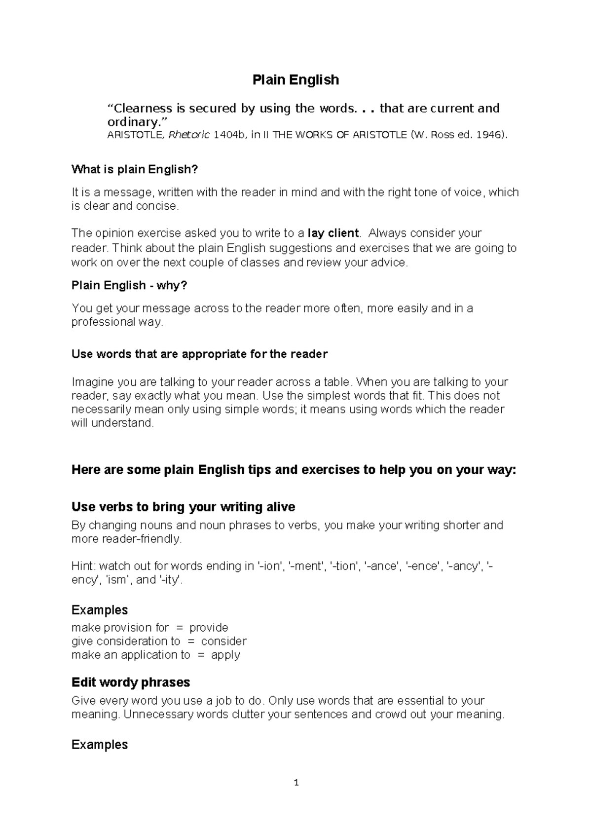 Plain English exercises (1) - Plain English “Clearness is secured by ...