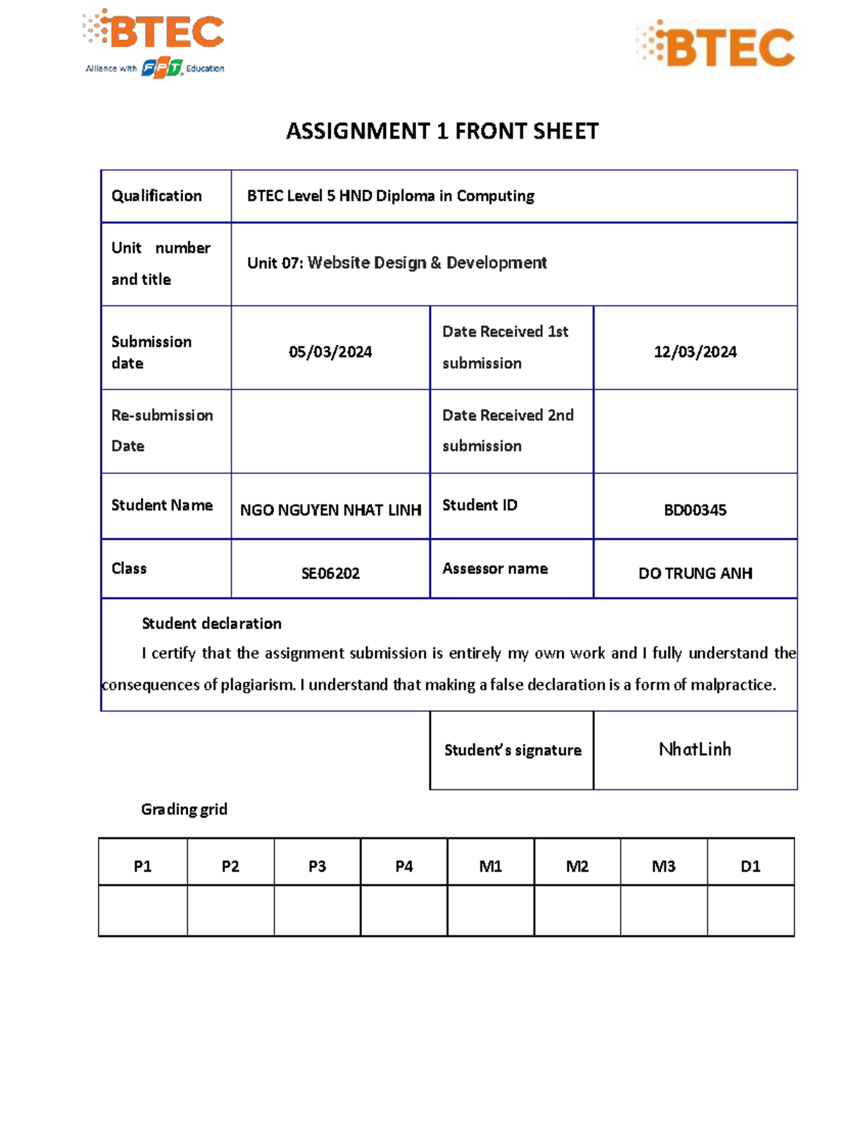 7419 BD00345 SE06202 ASM1 Ngo Nguyen Nhat Linh - ASSIGNMENT 1 FRONT SHEET Qualification BTEC ...