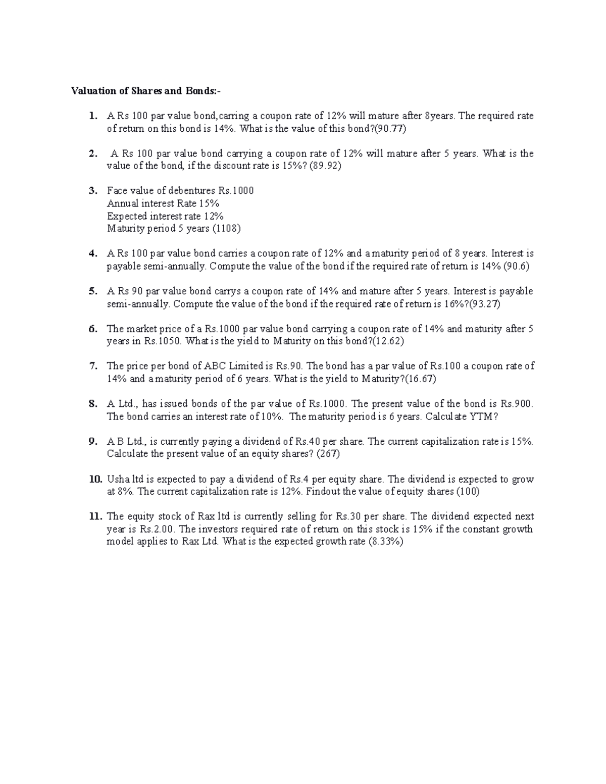 Valuation of equity and bonds - Valuation of Shares and Bonds:- A Rs ...