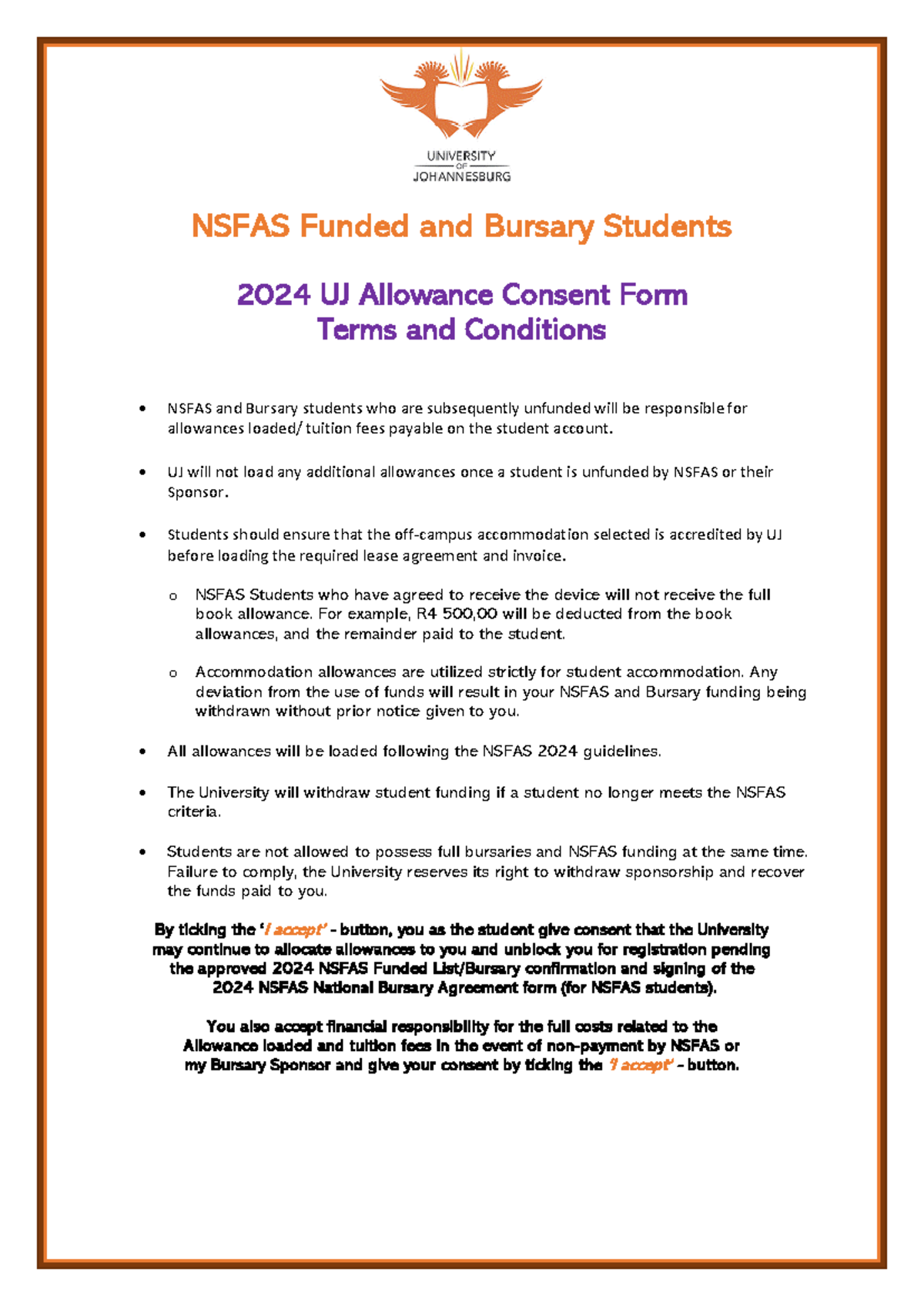 Nsfas and Brusary Allowance Consent - NSFAS Funded and Bursary Students ...