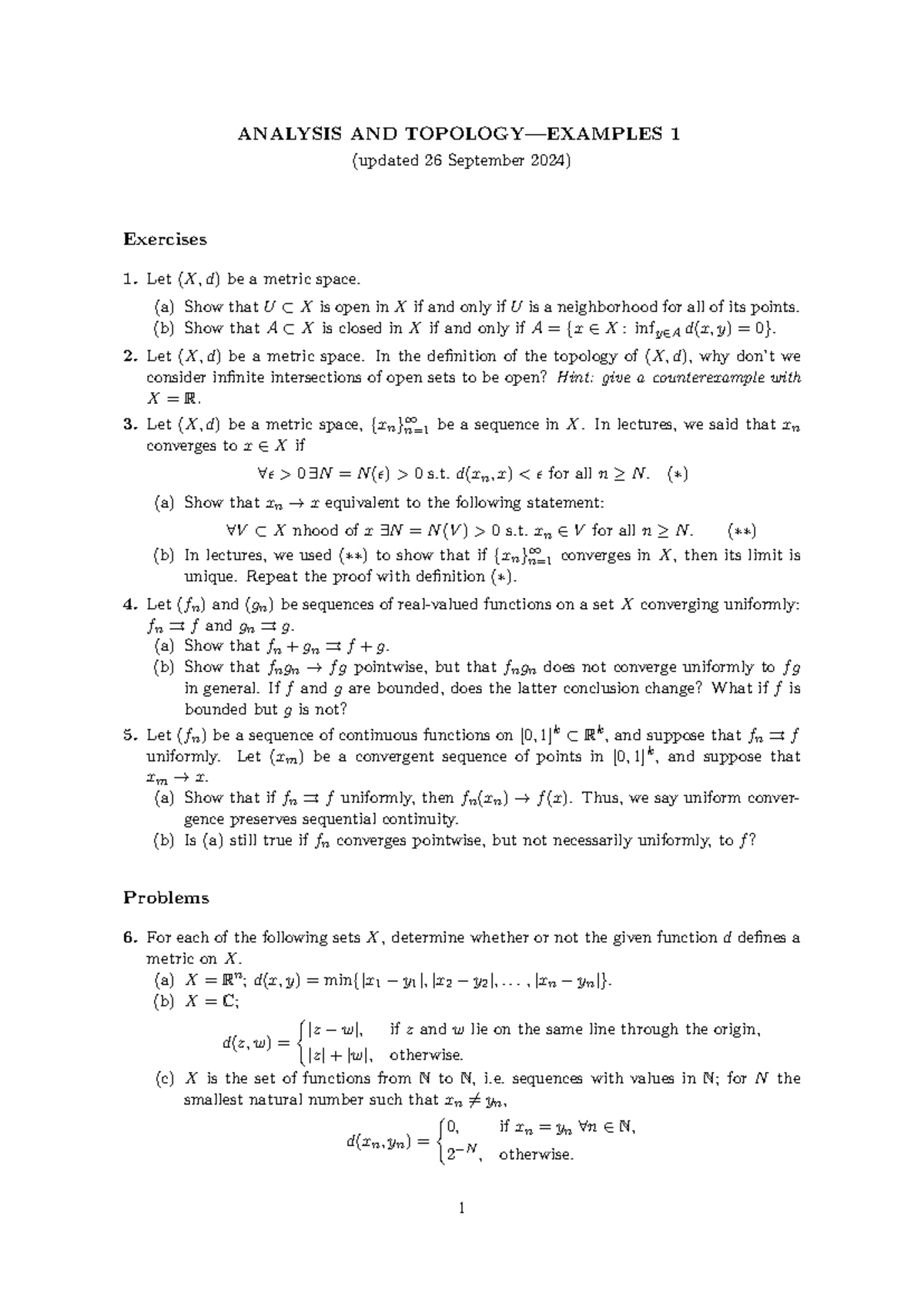 24sheet 1 - Analysis and Topology example sheet 1 - ANALYSIS AND TOPOLOGY—EXAMPLES 1 (updated 26 ...