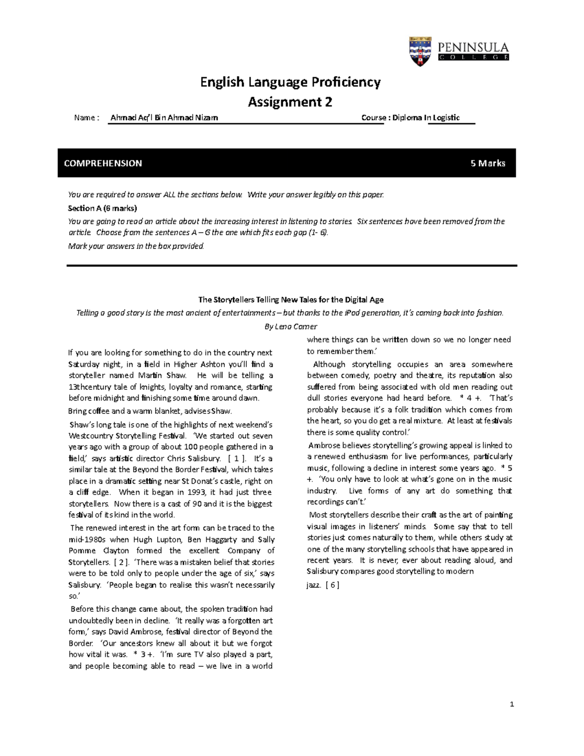 Assignment English Language Proficiency comprehension English